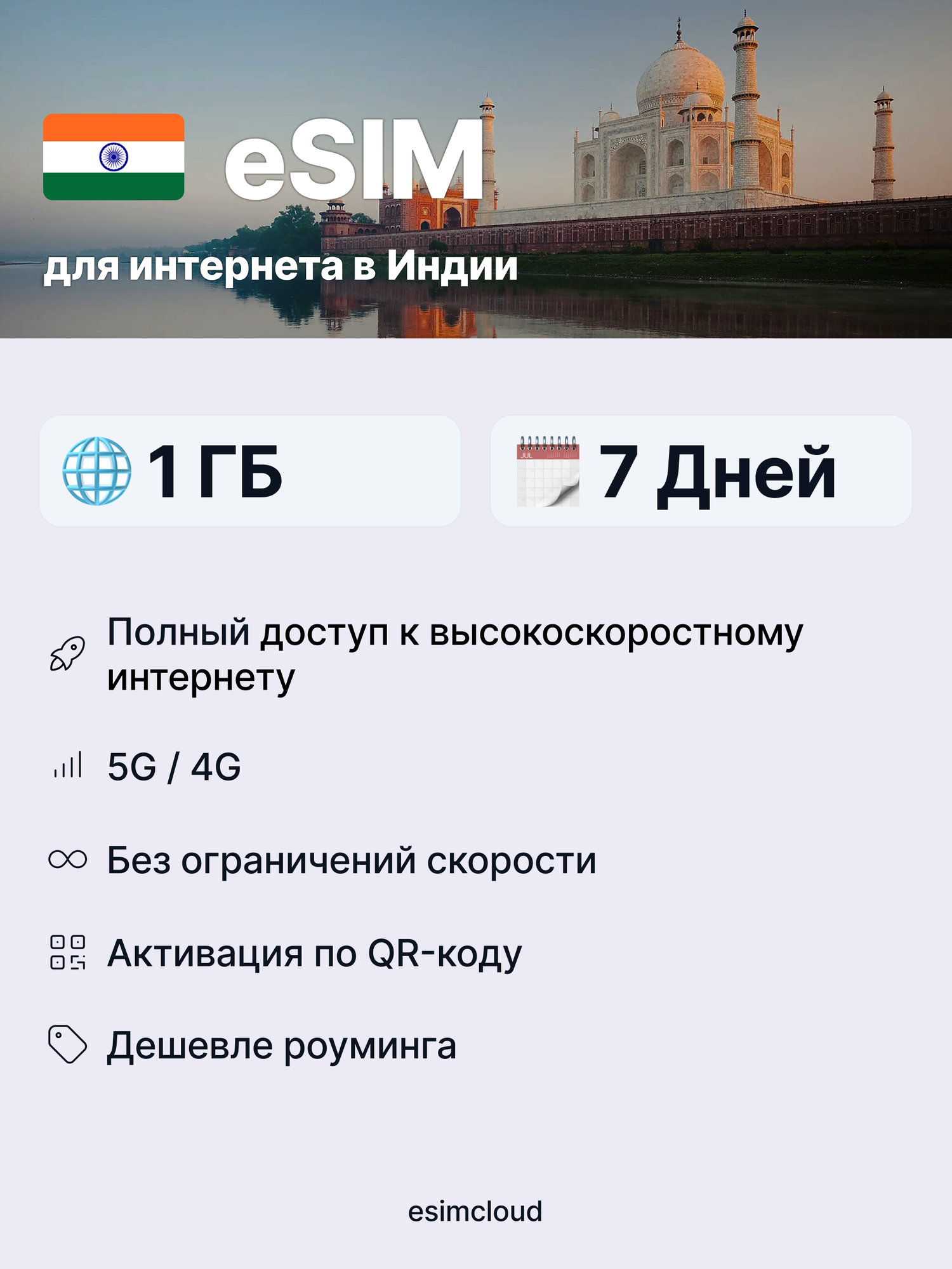 ESIM для Индии 1 ГБ / 7 дней • Мобильный интернет • Универсальная eSIM • 4G LTE / 5G • Смартфон и планшет