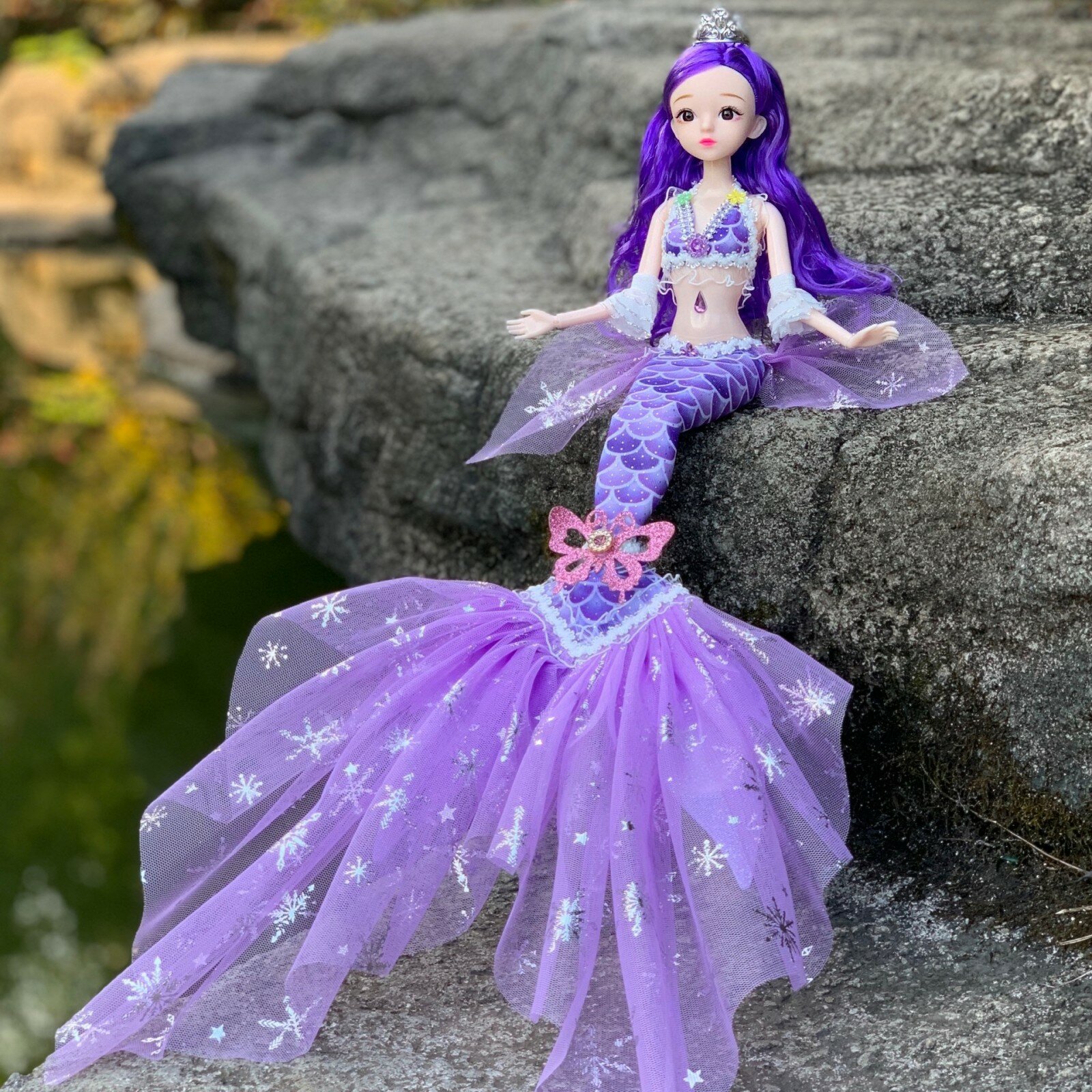 Кукла Принцесса Русалка для Девочек, 45 см, с Мovable Arms and Legs, 11 Movable Joints, 3D Real Eyes, ABS Plastic, Rainbow Skirt, Earrings, Crown, Fairy and Mermaid Outfits, Transparent Bag Simple Packaging, Suitable for 3 Months to 18 Years