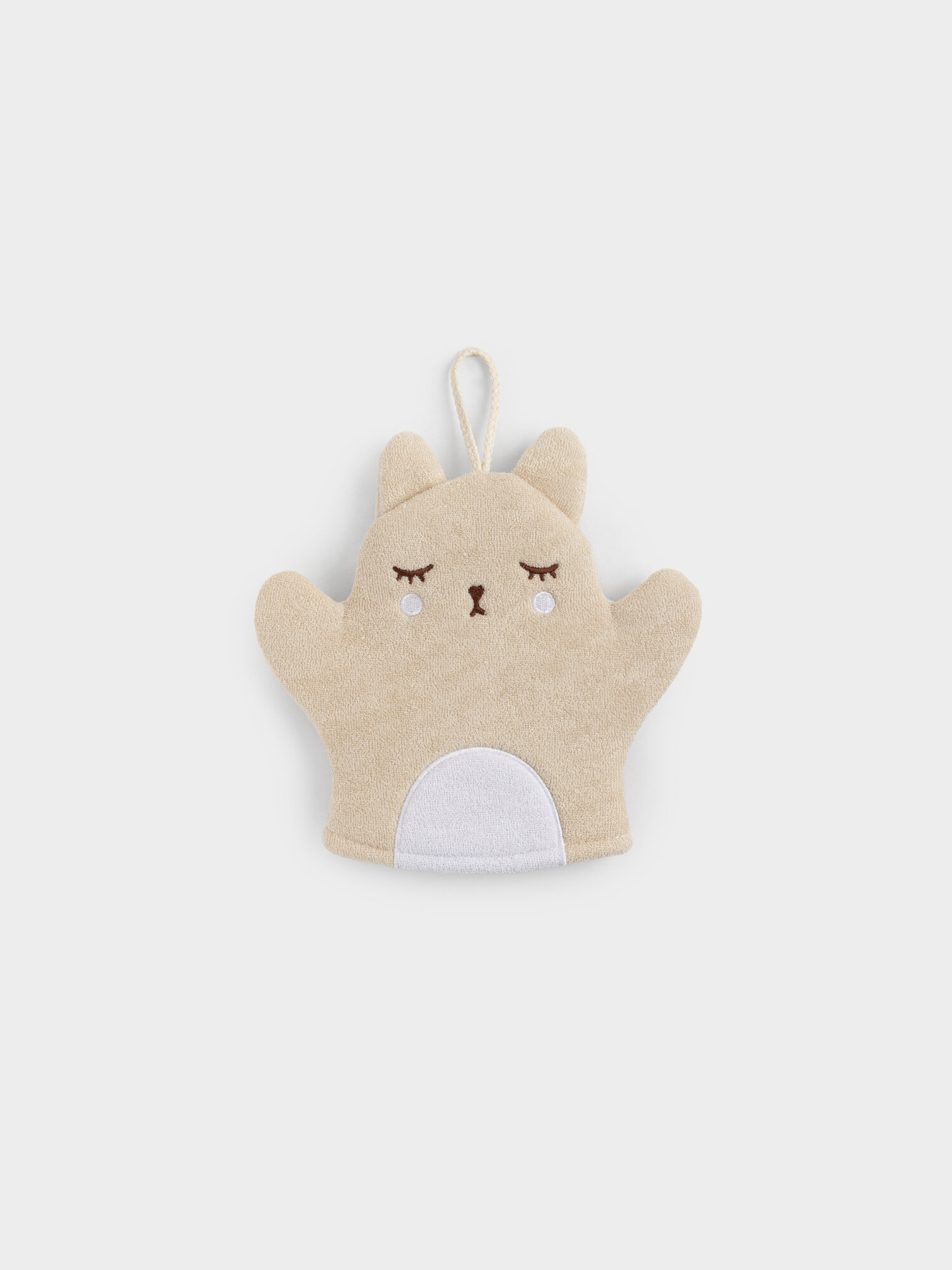 Мочалка-варежка для мытья тела, 20х17 см, детская, полиэстер, бежево-белая, Кошка, Cat, Kuchenland