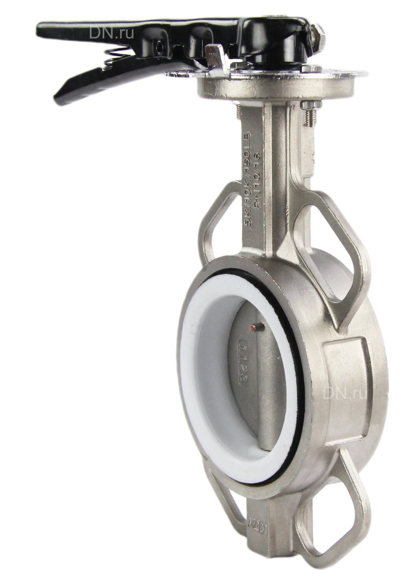 Затвор дисковый поворотный DN.ru 316L-316L-PTFE Ду100 Ру16 межфланцевый, корпус - нержавеющая сталь 316L, диск - нержавеющая сталь 316L, уплотнение - PTFE, с рукояткой, квадрат 11х11, F07