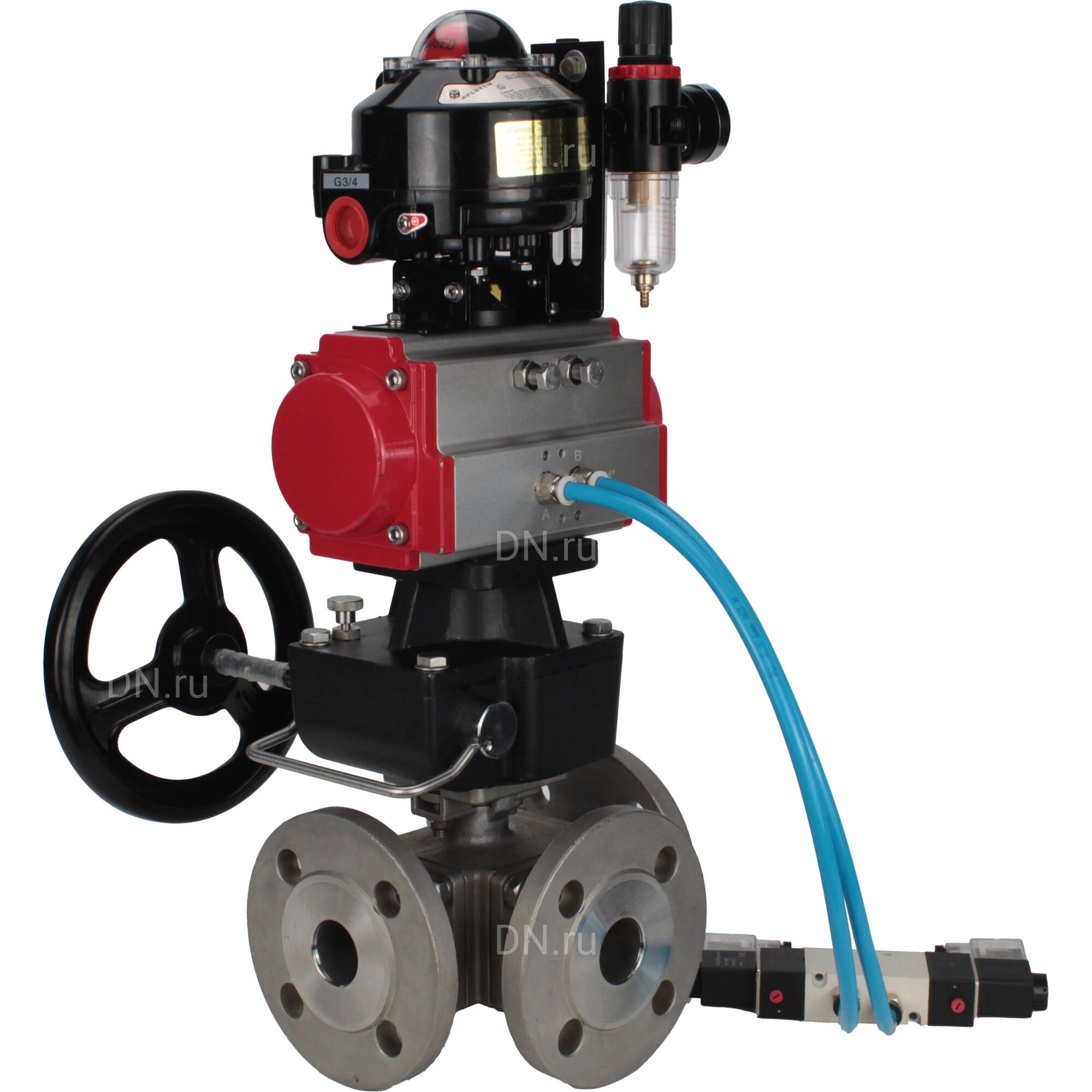 Кран шаровой DN.ru 316-316-PTFE Ду40 Ру16 полнопроходной, тип L, фланцевый, корпус нержавеющая сталь SS316, ISO-фланец F05/F07 квадрат 14х14, с пневмоприводом DA-065, пневмораспределителем S2EM T10-220VAC 220В, БКВ LSB-510-02Ex, дублером HDM-1 и БПВ