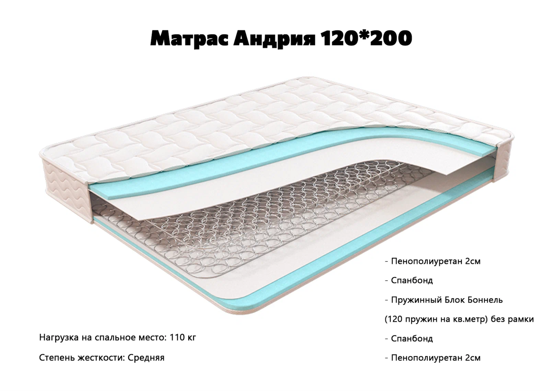 Матрас 120x200 Стандарт Андрия полутораспальный (1200х190х2000 мм) средняя жесткость, пружинный блок Боннель