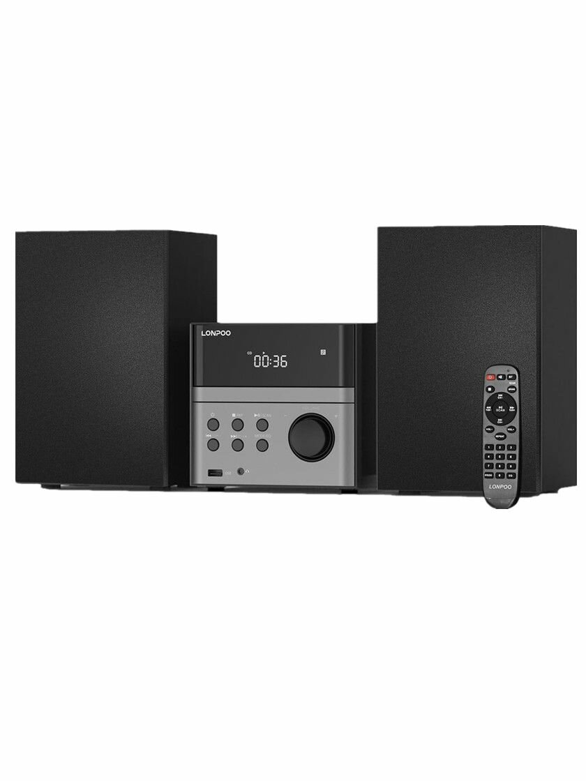 Стереосистема с CD-плеером 30W RMS, поддержка FM/Bluetooth/USB/AUX, акустические колонки, разъём для наушников, пульт дистанционного управления