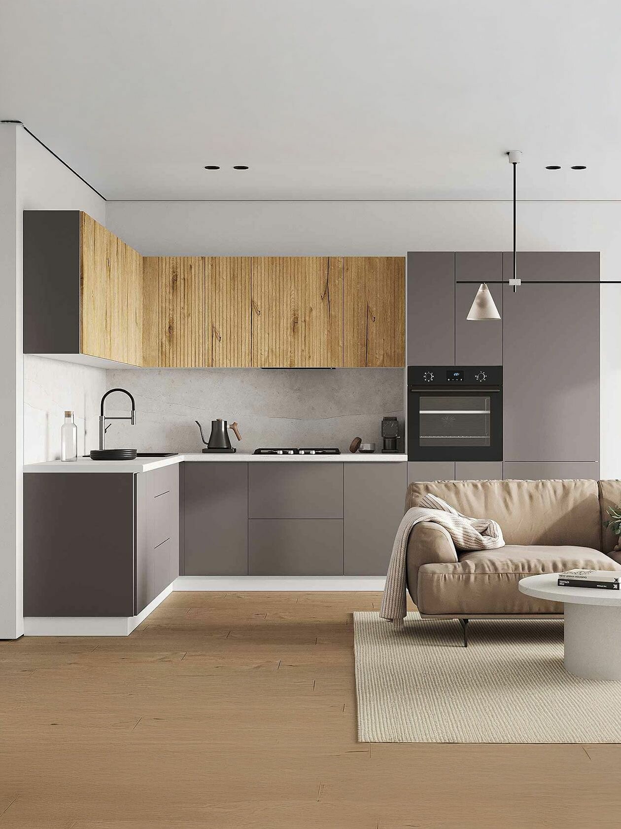 Кухонный гарнитур угловой Комби 3.2х2.2 м, мебель для дома и кухни, Белый / Дуб Торонто / Грей