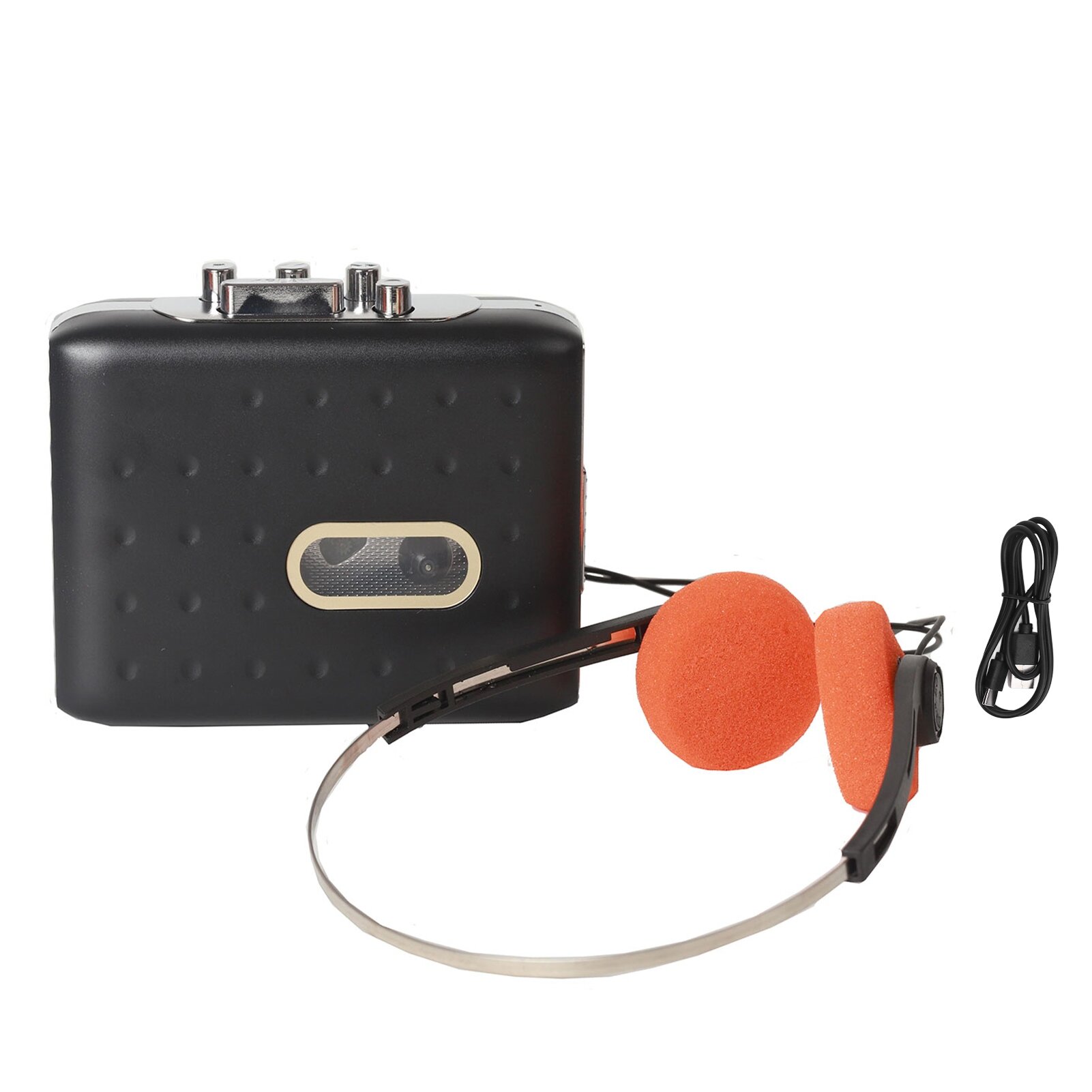 Портативный кассетный магнитофон с USB-C преобразователем в MP3, разъемом для наушников, встроенным микрофоном и функцией обратной записи, черный.