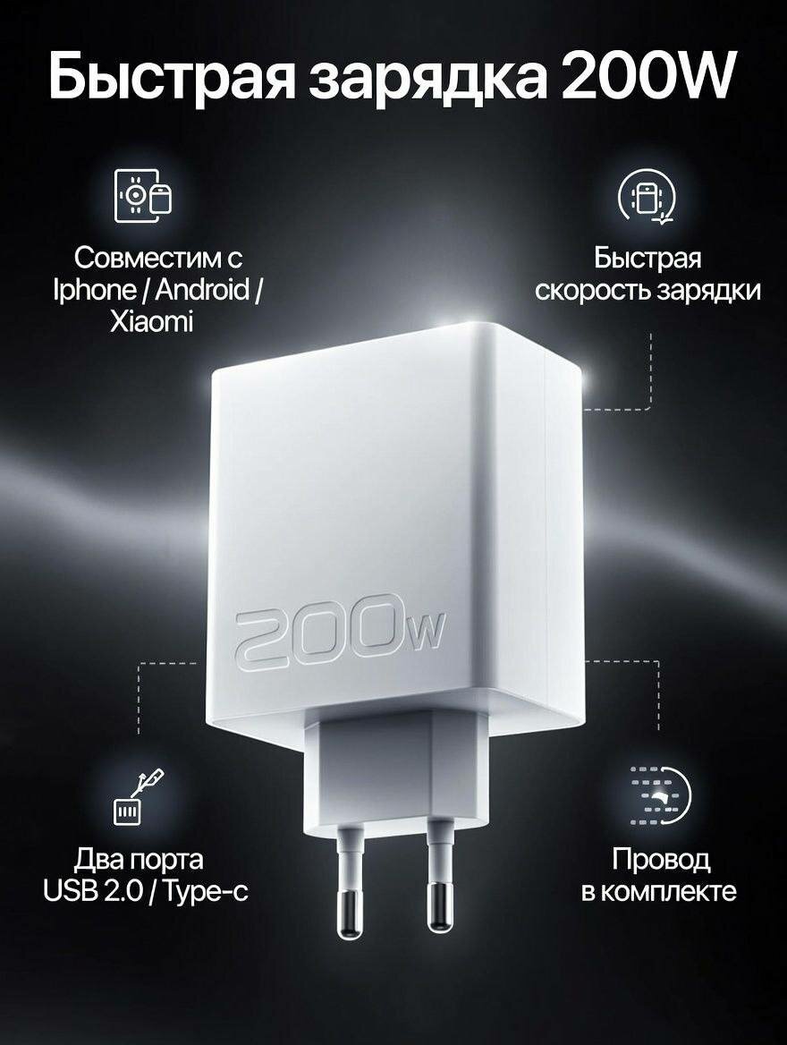 Быстрая зарядка, Мощный Type-c блок для андроид и айфон 200вт