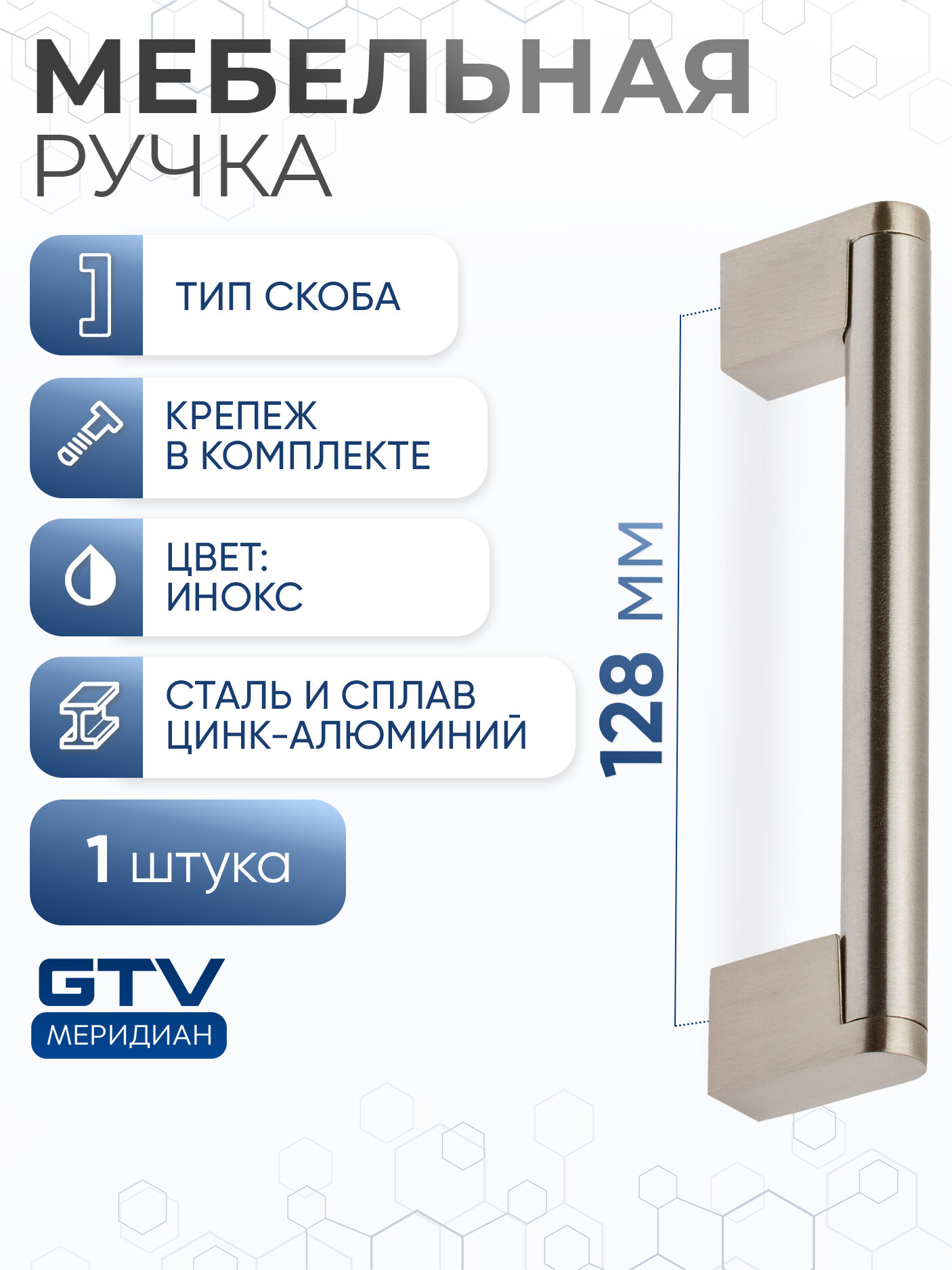 Ручка мебельная скоба алюминиевая 128 мм UZ 336 инокс 1 штука