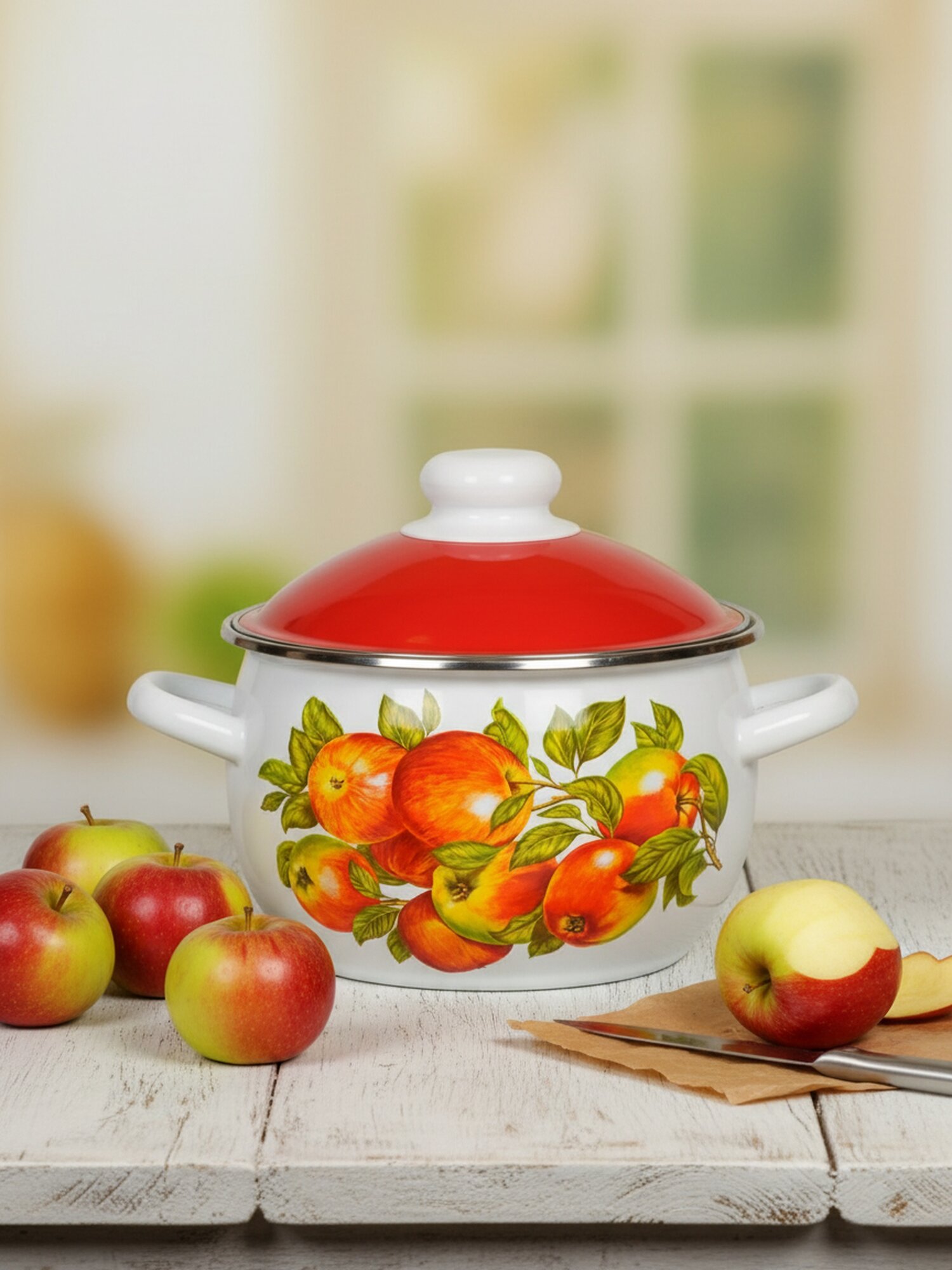 Кастрюля эмалированная СтальЭмаль Яблочный сезон 3 л, 20 см, для индукционных плит, с крышкой, белая, 6RH181M