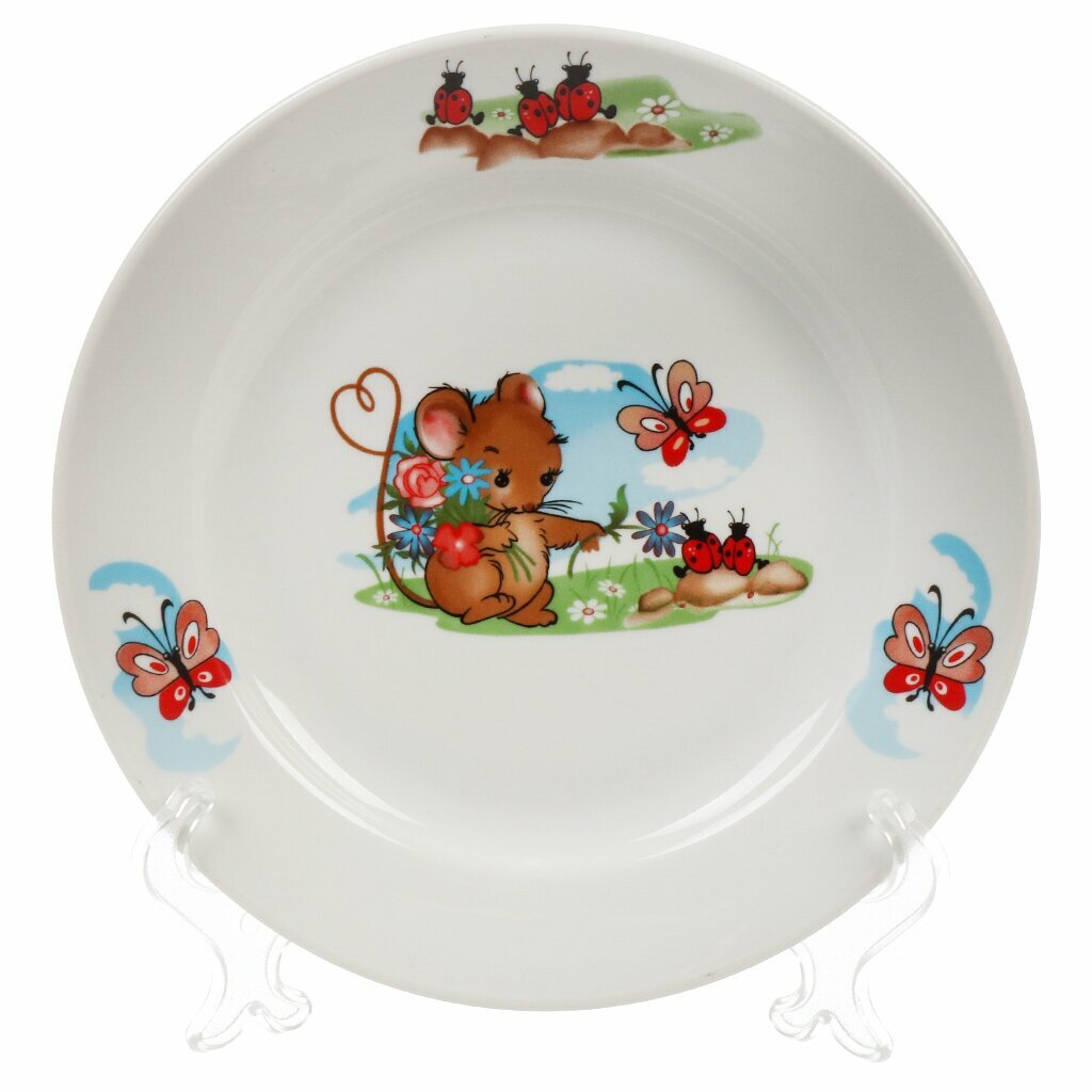 Тарелка десертная Дулевский фарфор Мышата 17.5 см, детская фарфоровая посуда для кормления, белая круглая, Россия