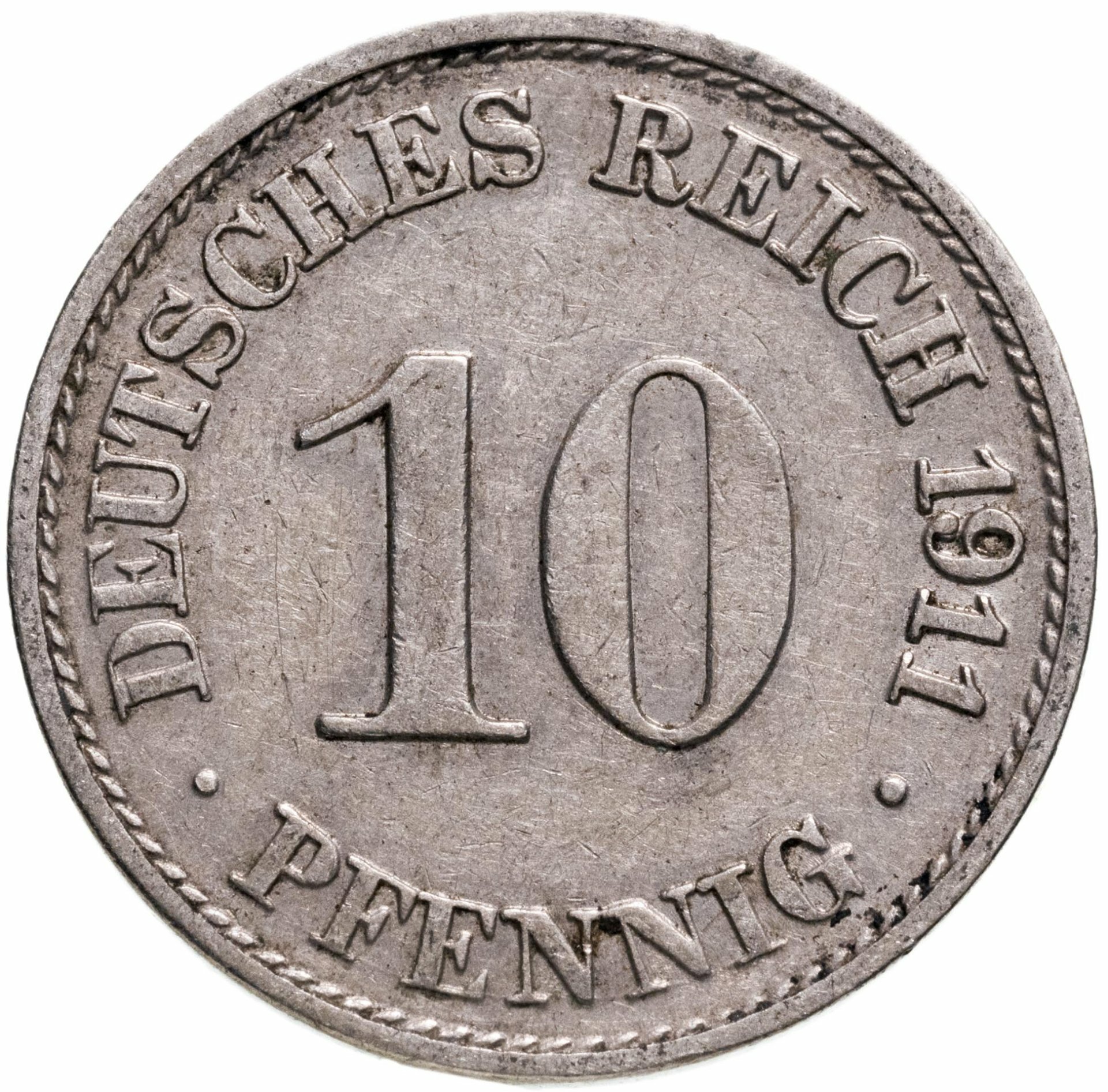 Германия 10 пфеннигов 1911 знак монетного двора: "A" - Берлин, Никель, в сохранности VF-XF