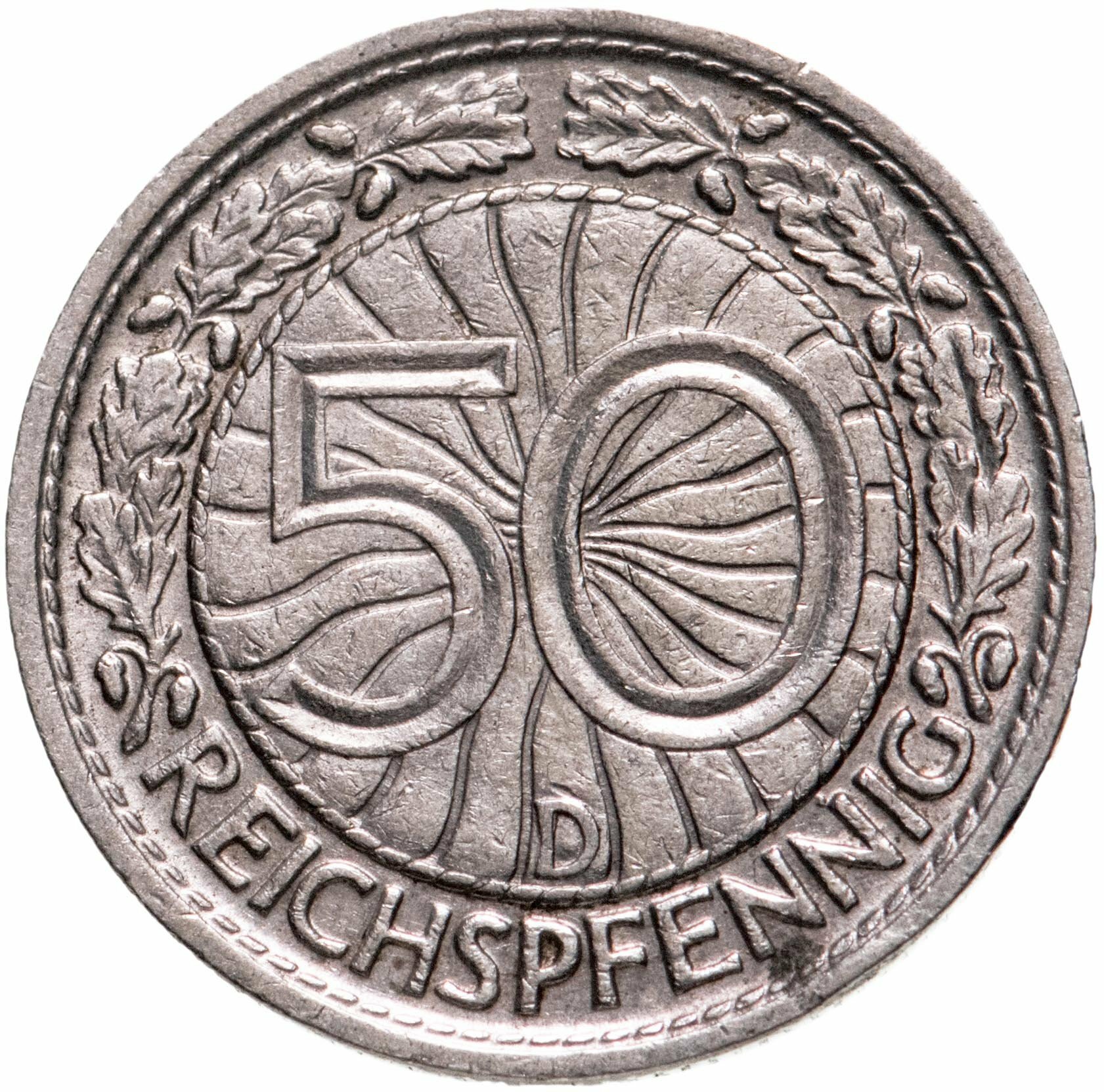 Германия 50 рейхспфеннигов reichspfennig "D" 1928, Никель, в сохранности XF