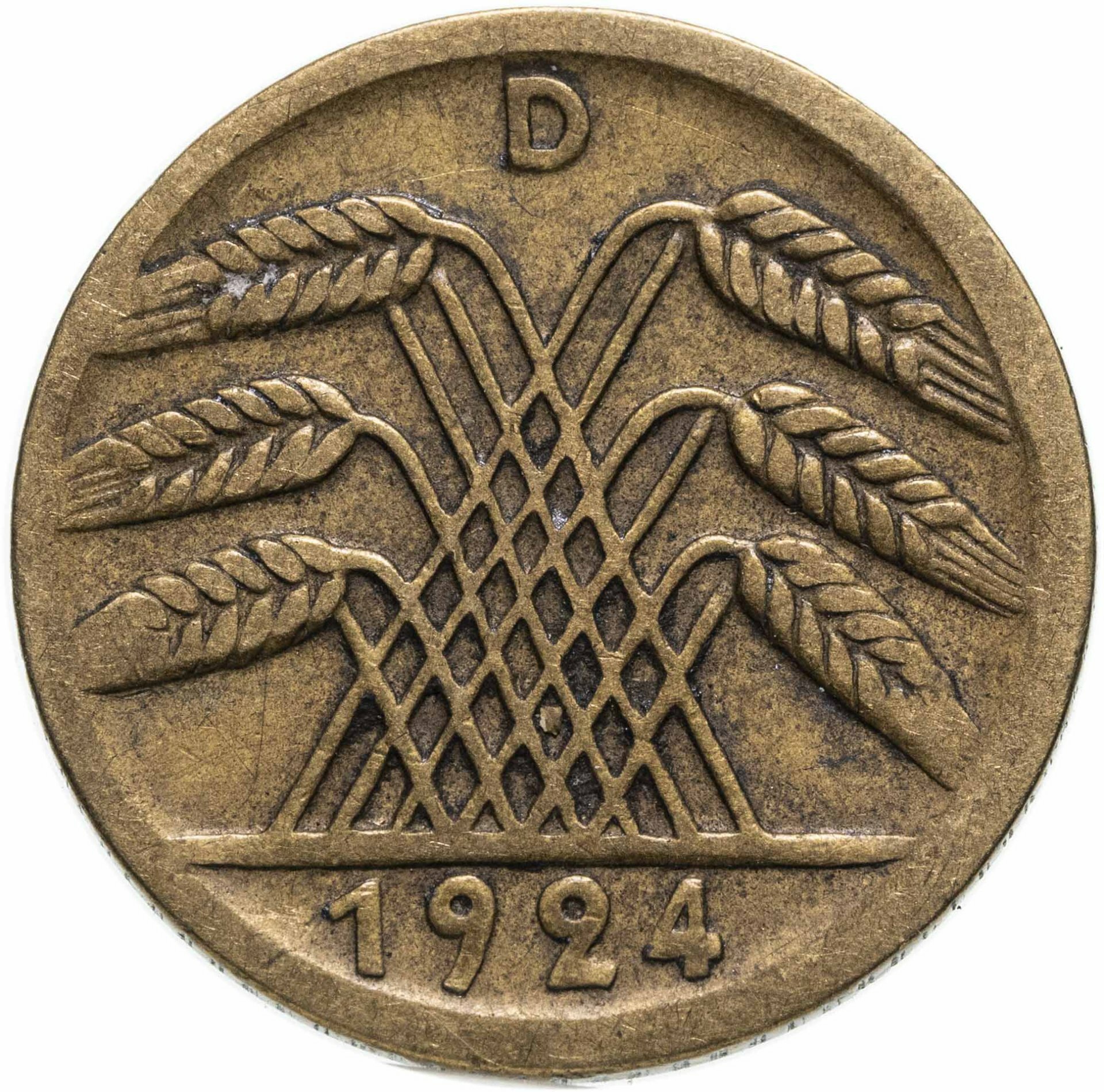 Германия 5 рентенпфеннигов 1924, знак монетного двора "D" — Мюнхен, Бронза, в сохранности VF-XF