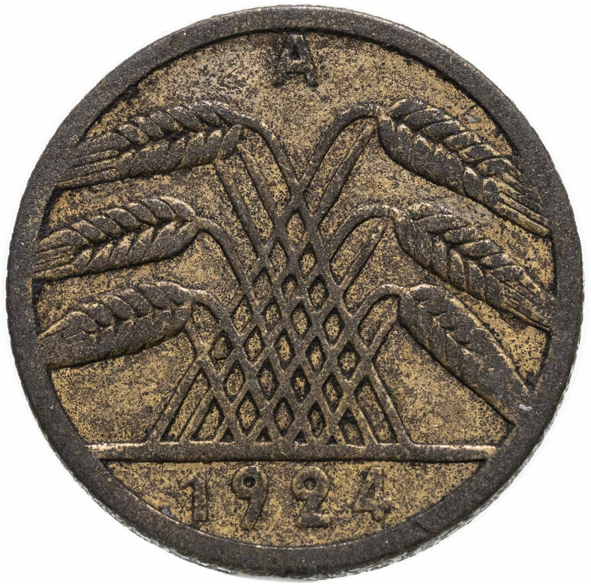 Германия 5 рейхспфеннигов reichspfennig 1924 A знак монетного двора "A" — Берлин, Бронза, в сохранности VF