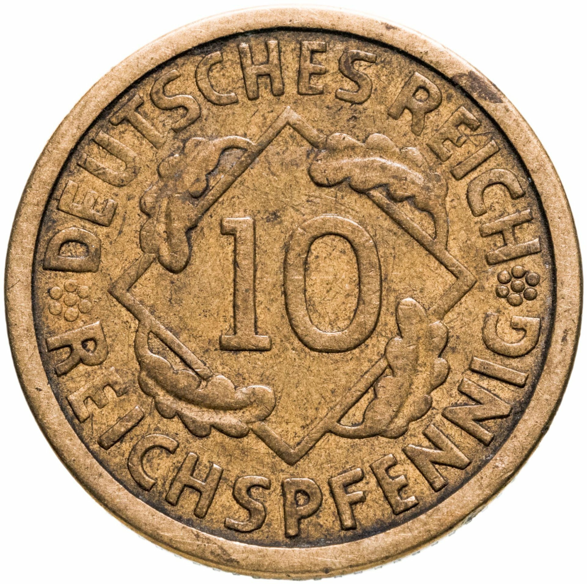 Германия 10 рейхспфеннигов reichspfennig 1924 знак монетного двора "A" — Берлин, Бронза, в сохранности XF