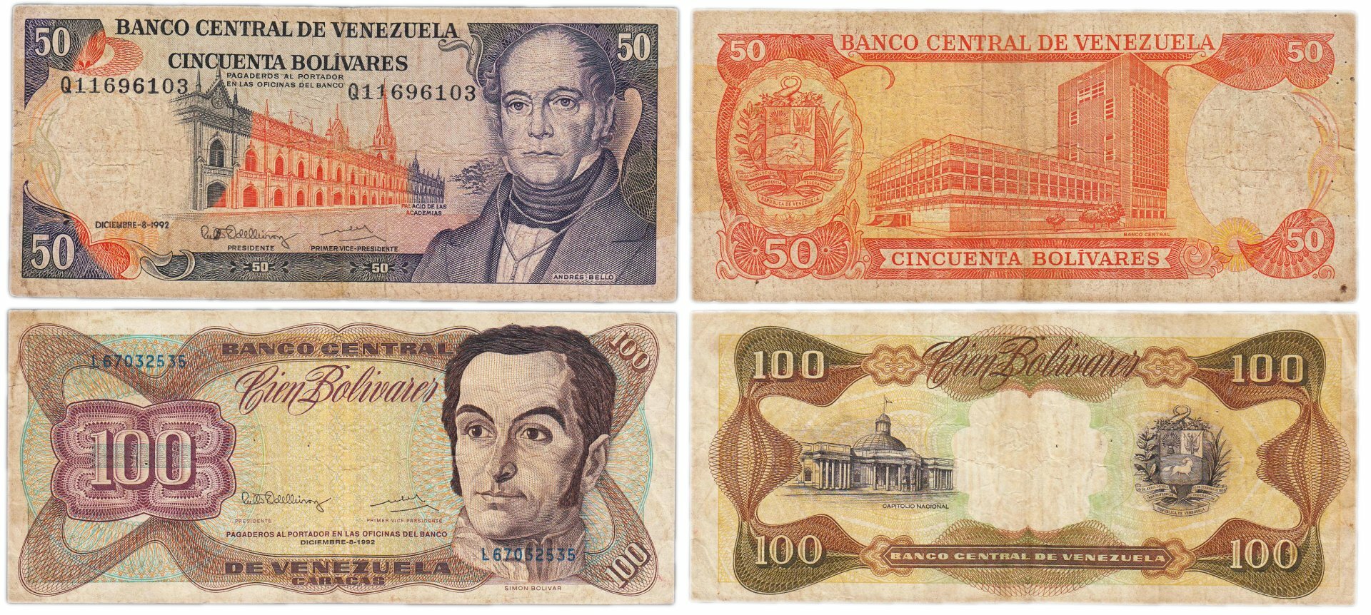 Венесуэла набор из 2 банкнот 50, 100 боливаров 1992