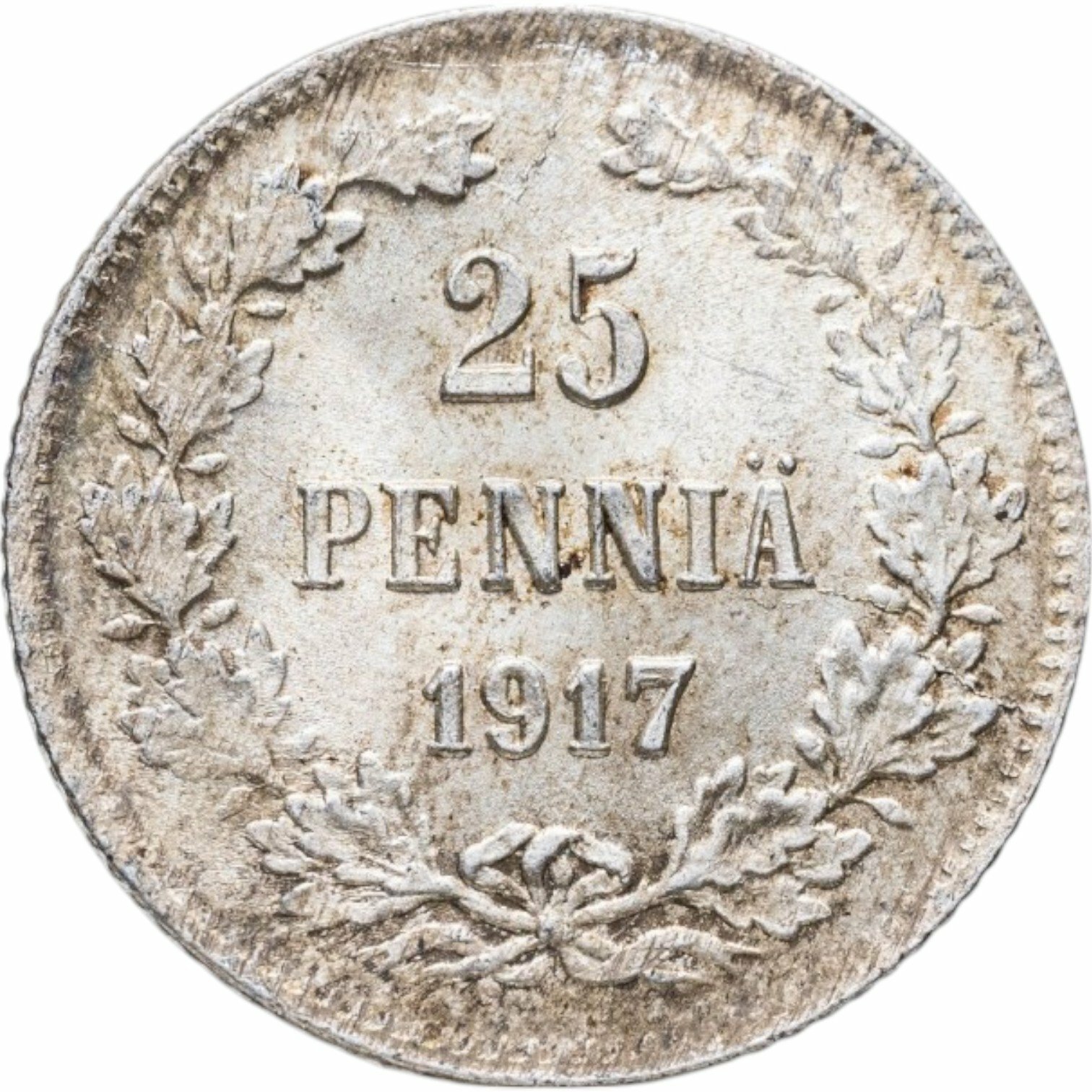 25 пенни pennia 1917 S гербовый орёл без корон, Российская Финляндия, Серебро 750, в сохранности UNC