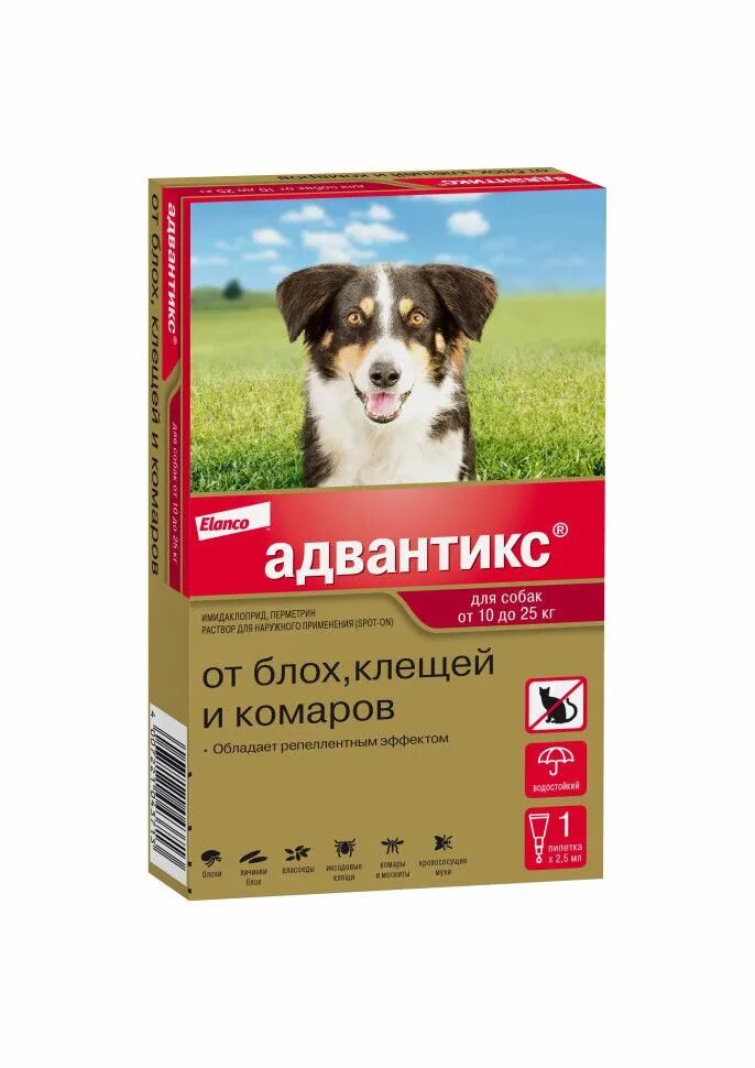 Адвантикс Elanco капли от блох, клещей, комаров для собак 10 - 25кг 2,5мл, упаковка 1 пипетка — фото 1