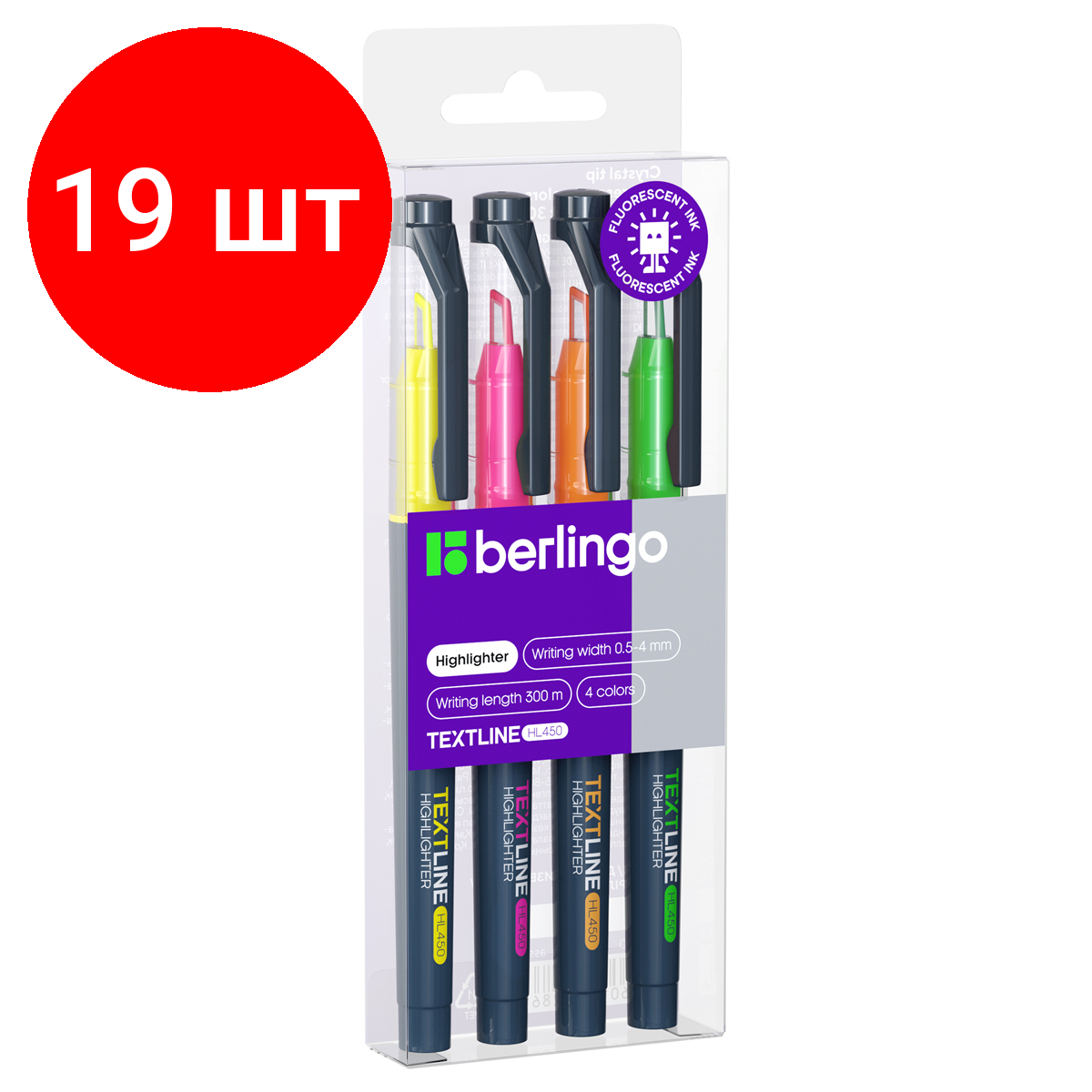 Комплект 19 шт, Набор текстовыделителей Berlingo "Textline HL450" 04цв, 0.5-4мм, европодвес
