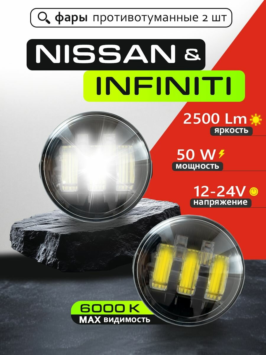 Светодиодные противотуманные фары на Ниссан / Nissan, Инфинити / Infiniti ПТФ 12-24V / 50W