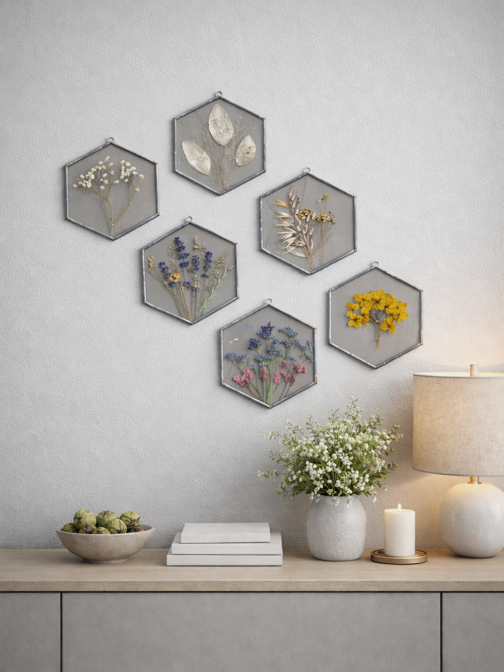 Набор панно из настоящих сухоцветов в стекле 6 шестиугольников 13х13 см, ручная работа