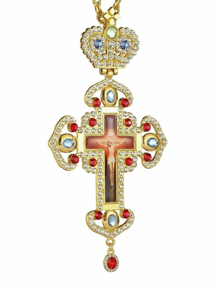Православное ожерелье с подвеской в виде креста с Иисусом, красный циркон, цепочка золотого цвета