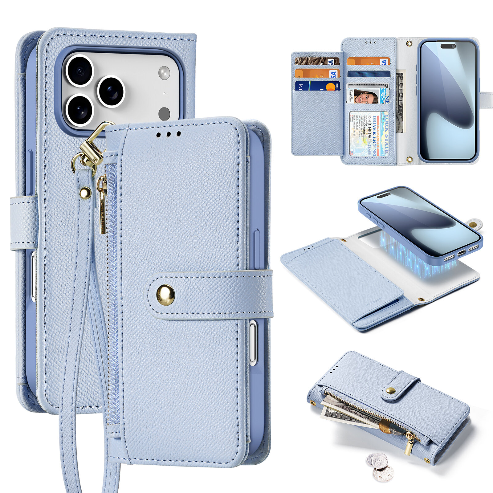 Чехол кошелек из кожи светло-синего цвета (Light Blue) для iPhone 17 Pro Max, Dux Ducis, серия Lawa Series