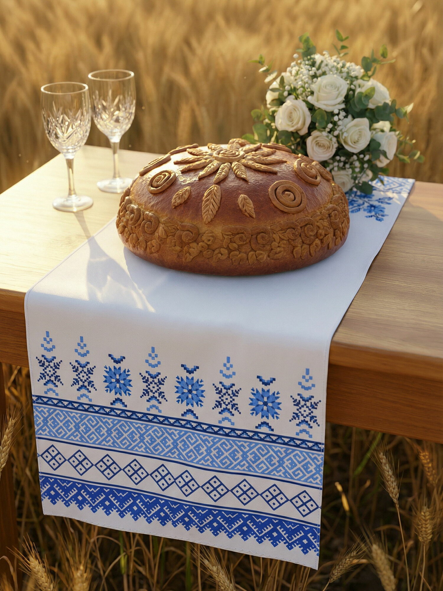 Рушник "Гармония", 150x36 см, синий, цвет: белый, тематика праздника: венчание