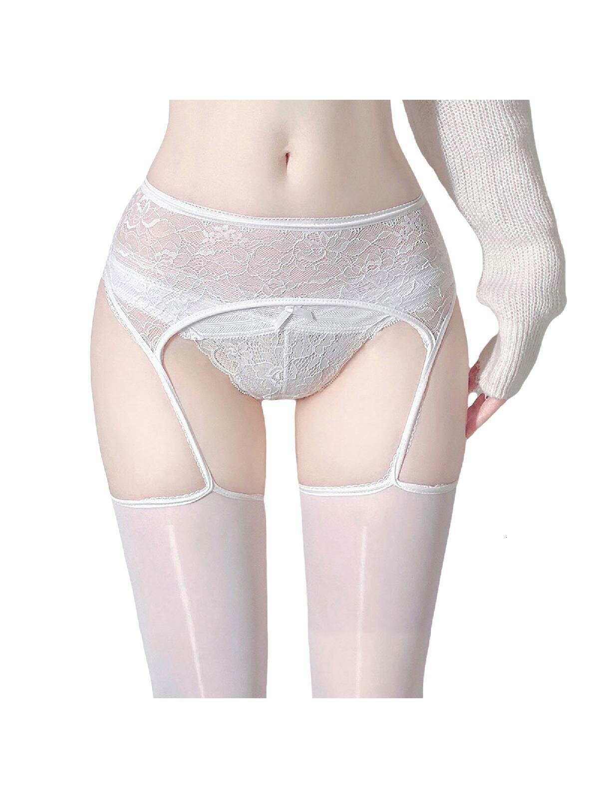 Женские блестящие колготки с подвязками, Белый
