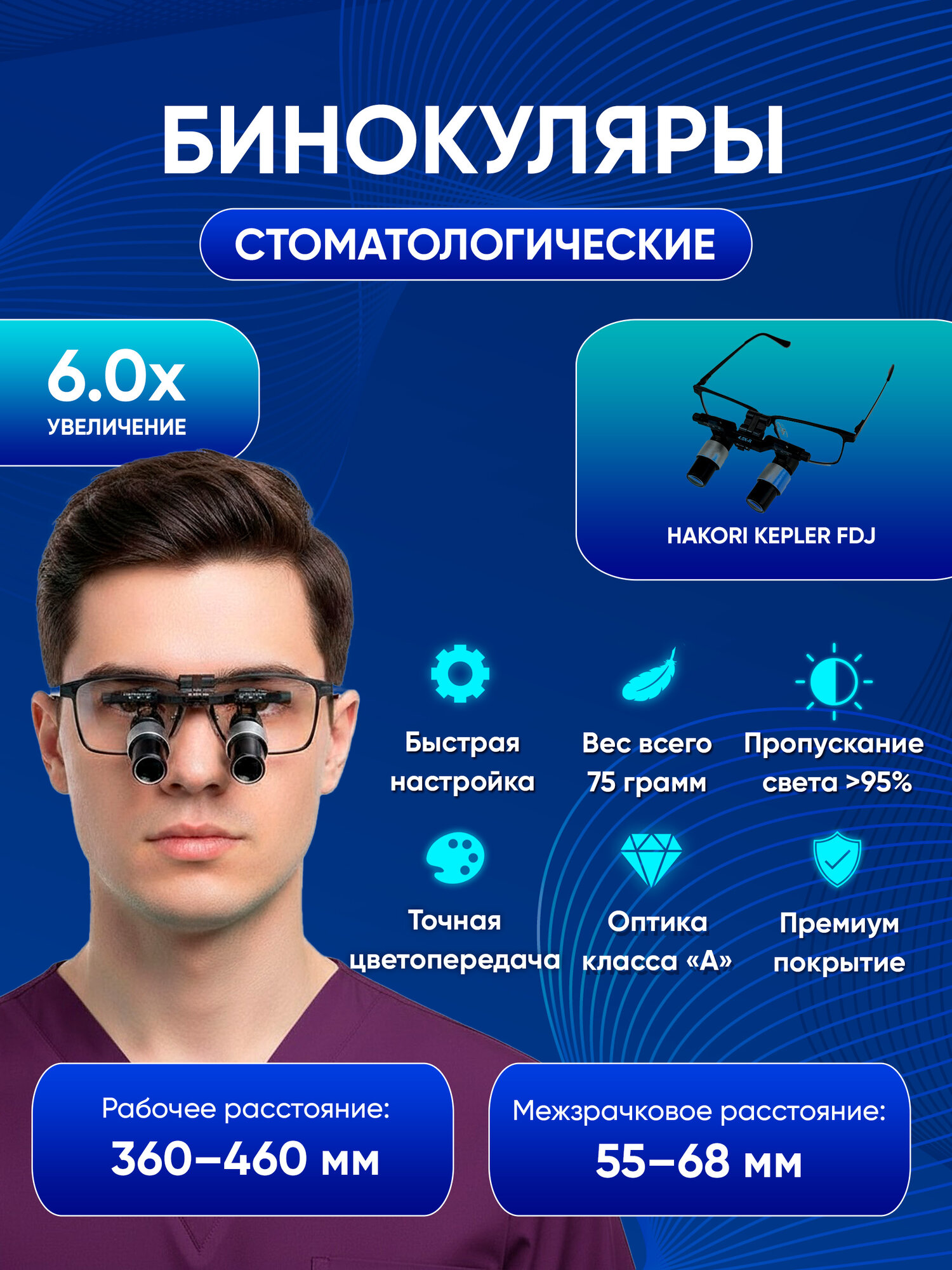 Бинокулярные лупы Hakori Kepler FDJ 6.0x призматические (360-460 мм) налобный микроскоп для сложной эндодонтии и микрохирургии