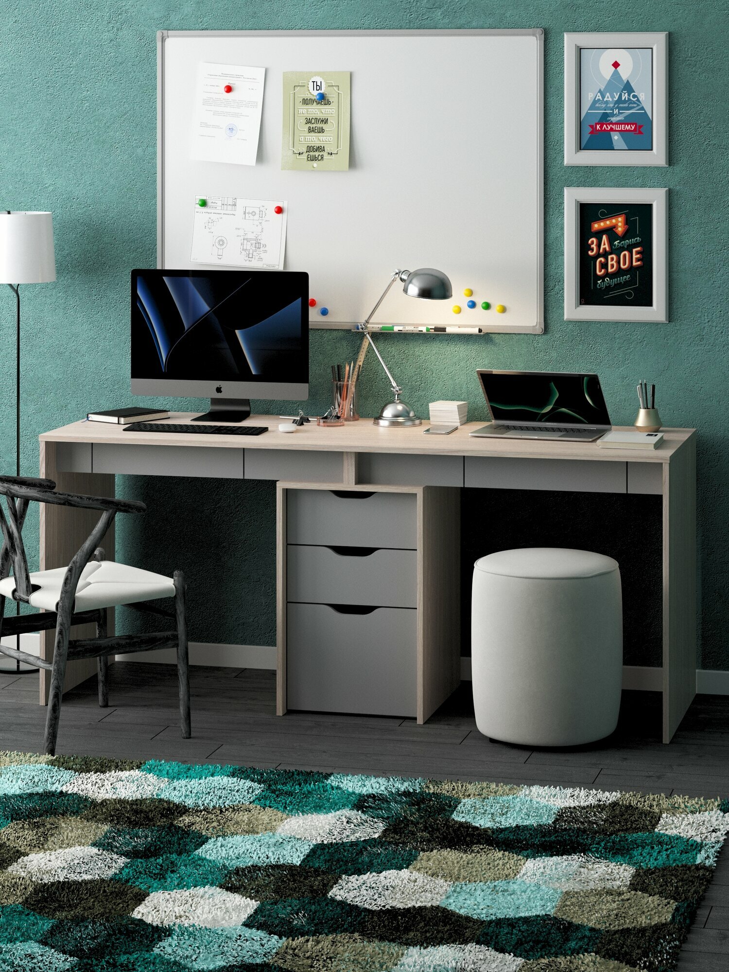 Есэндвич Grand Лаворо 5 Компьютерный стол для двоих, двойной, с тумбой 180х60х77 см (Анкор светлый/Вулканический серый)