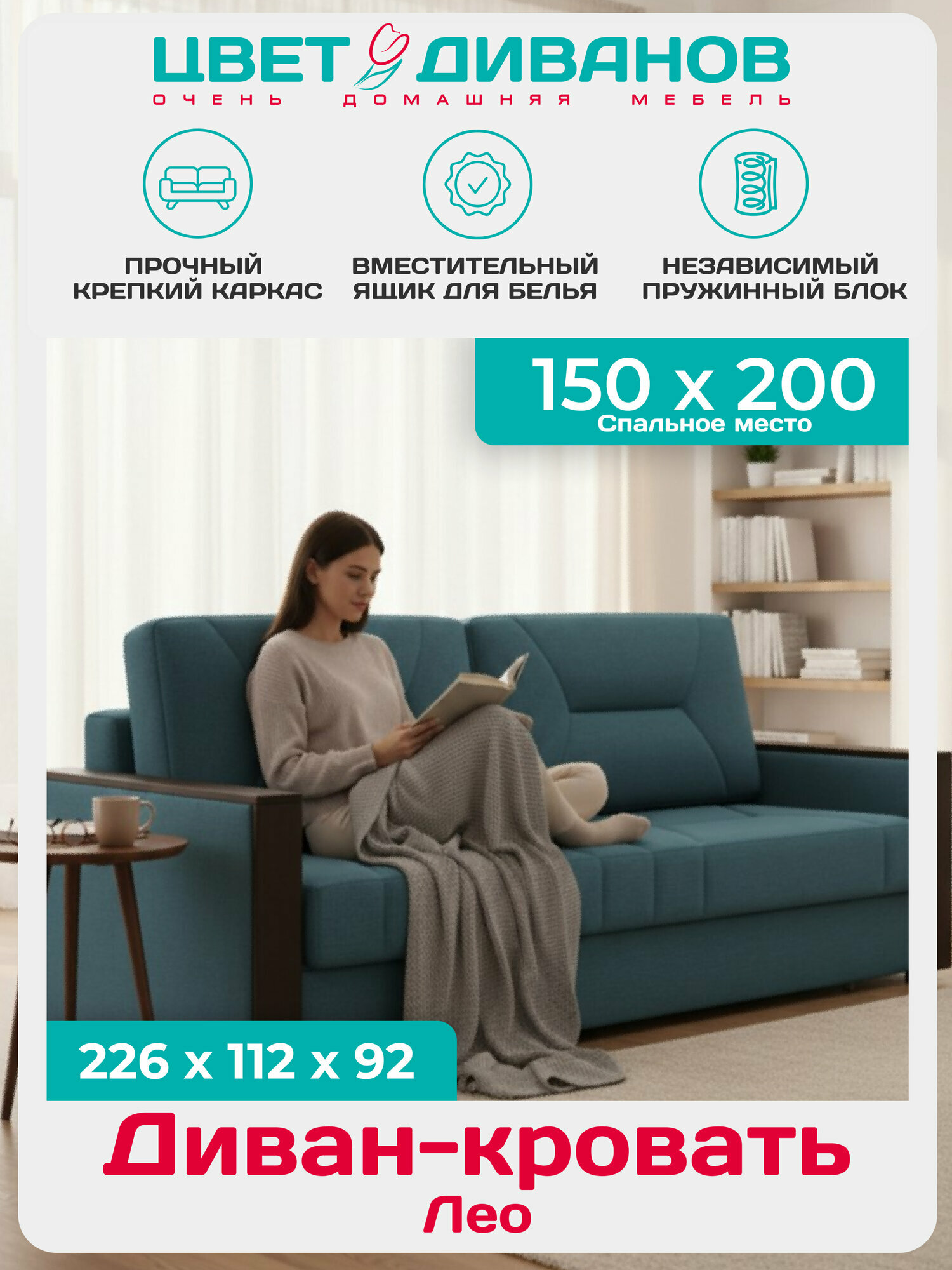 Раскладной диван-кровать прямой двуспальный в гостиную, еврокнижка Лео с ортопедическим матрасом, Цвет Диванов