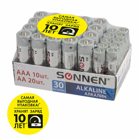 2 шт. Батарейки комплект 30 (20+10) шт, SONNEN Alkaline, AA+ААА (LR6+LR03), в коробке, 455097