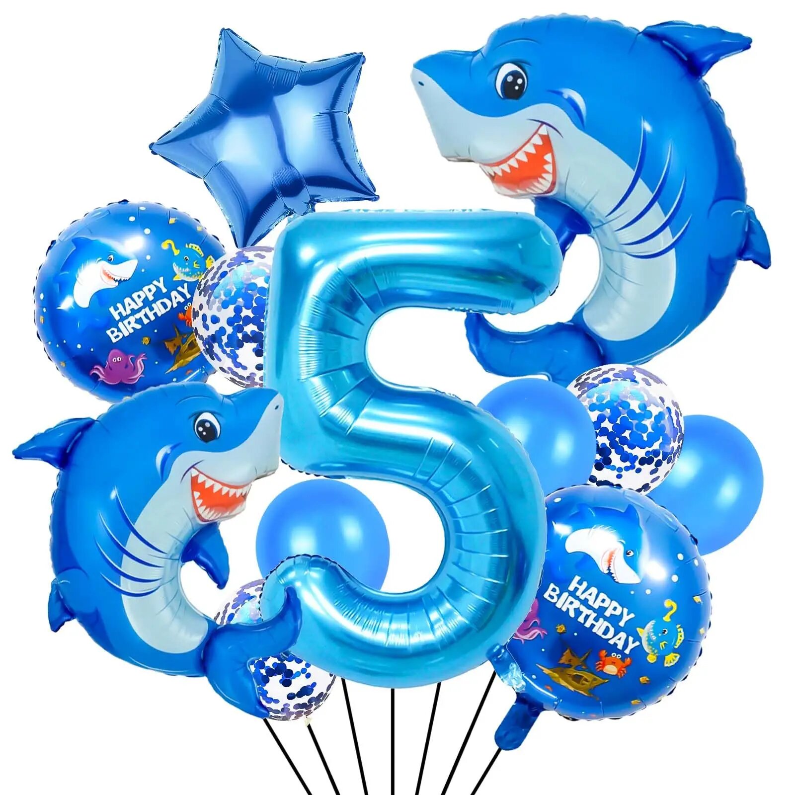 Набор шаров на 5 лет: акулы, звезда, "С Днем Рождения"