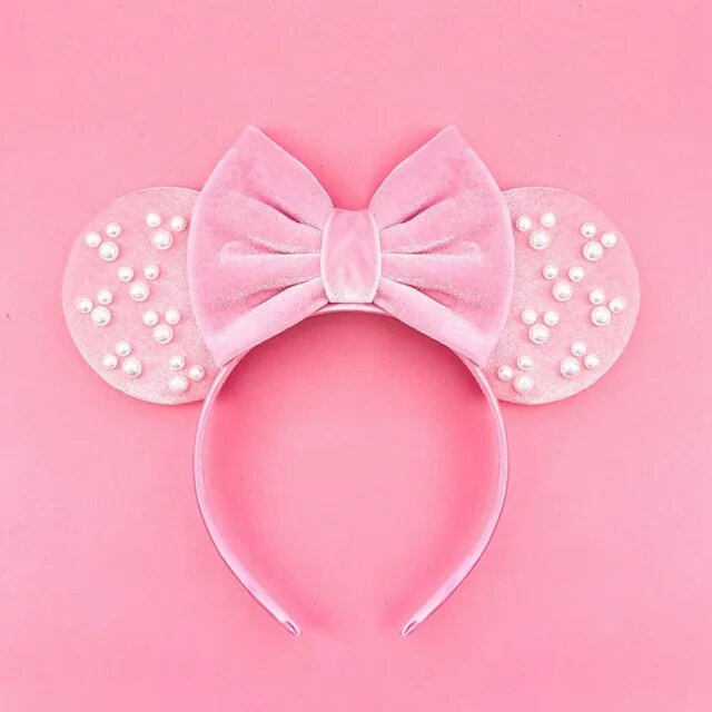 Повязка на голову Disney с белыми жемчужинами и ушками Микки Мауса, женское красочное украшение для волос из мягкого хлопка с бантиком, повязка на голову для девочки с Минни Маус, детский подарок.