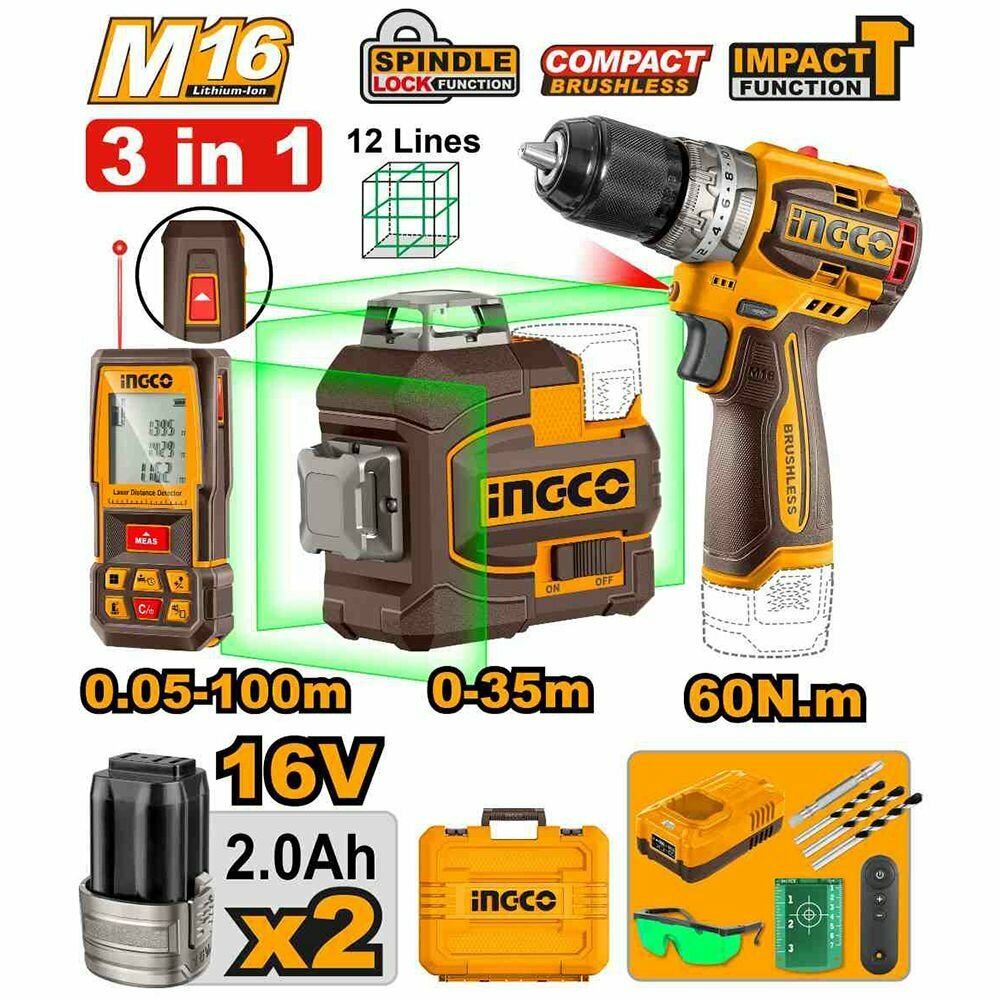 Набор инструмента: Шуруповерт 60Hm + Нивелир3D + Дальномер 100м, 16В, 2 АКБ 2.0 Ah. INGCO COSLI250101