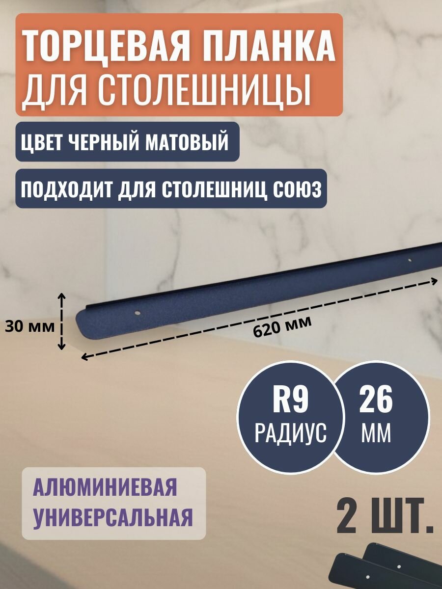 Планка торцевая для столешницы 26 мм R9 универсальная 620 мм цвет Чёрный матовый 2 шт.