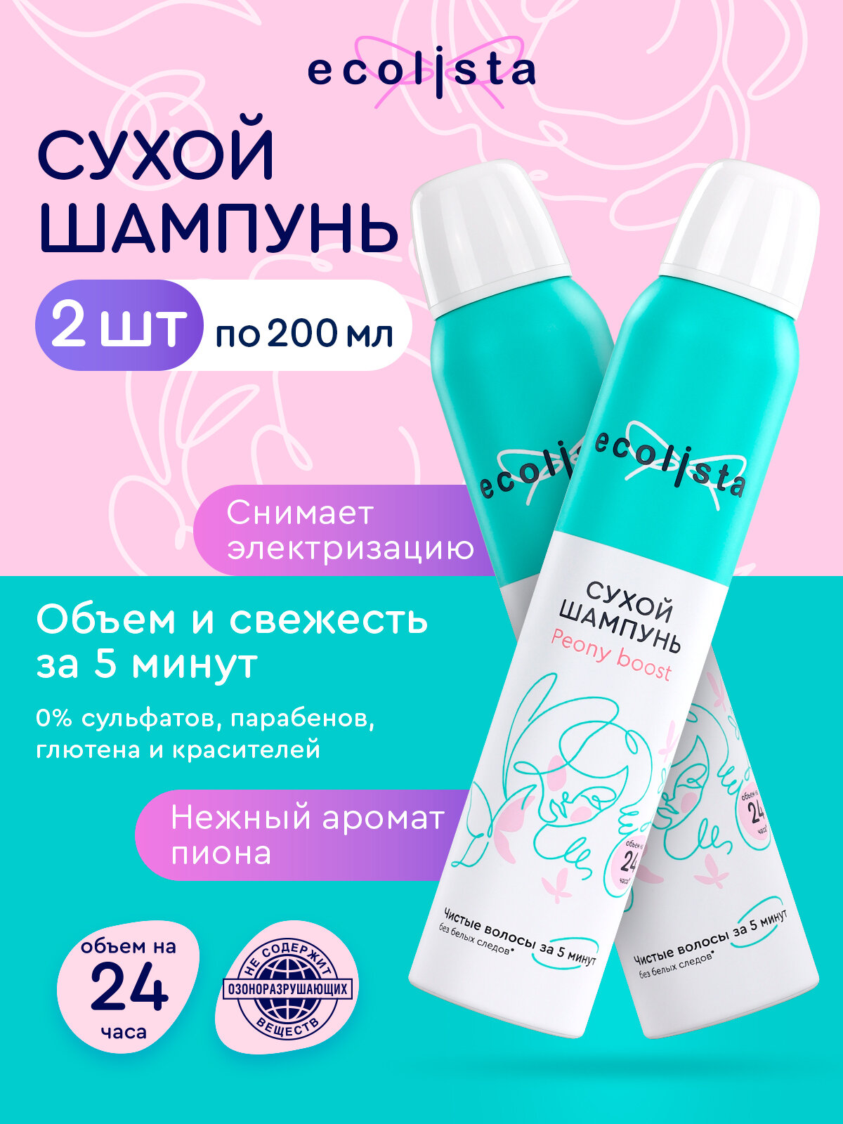 Сухой шампунь для тёмных и светлых волос объём и свежесть Ecolista, 200 мл х 2 шт