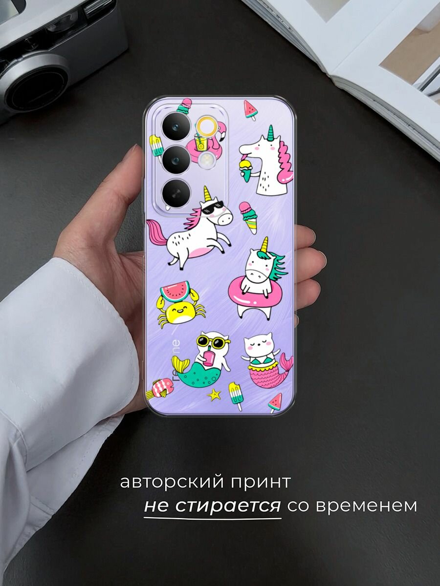Чехол на Realme C85 / Реалми C85 с принтом Единороги в отпуске, прозрачный — фото 1