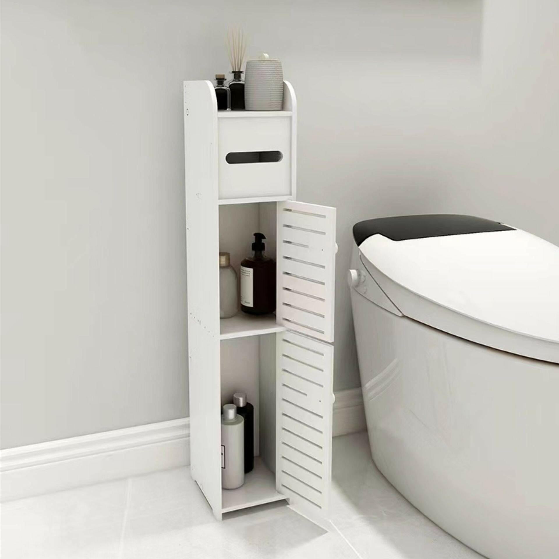 Шкаф пенал для ванной, белый, стеллаж в ванную напольный, с держателем для туалетной бумаги, 80х15х15 см, PVC