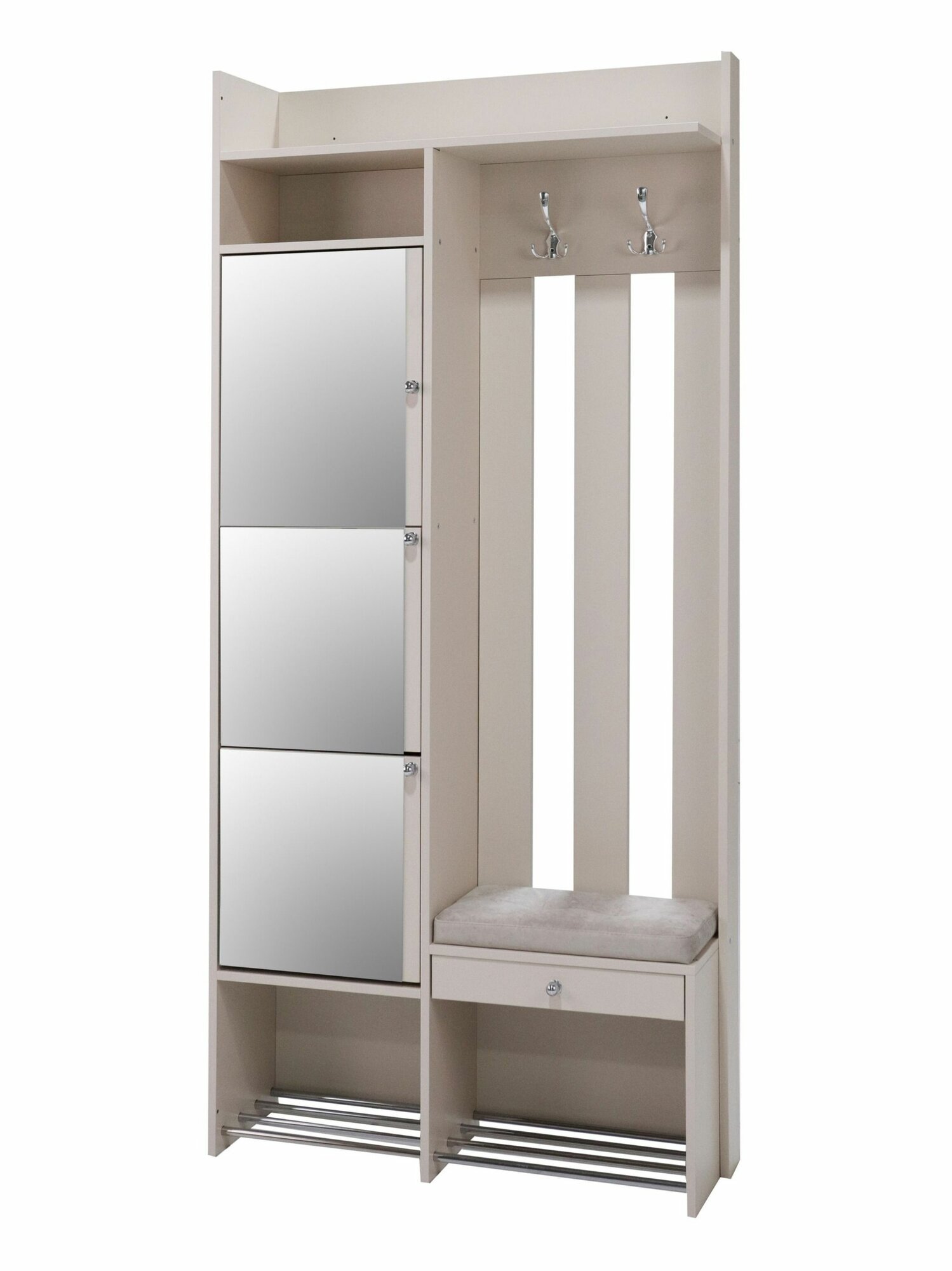 Прихожая комплект шкаф Гретта-Сатин 1 Ивару с вешалкой, со шкафом, с сиденьем, с обувницей, с зеркалом, 90х27х200см Сатин
