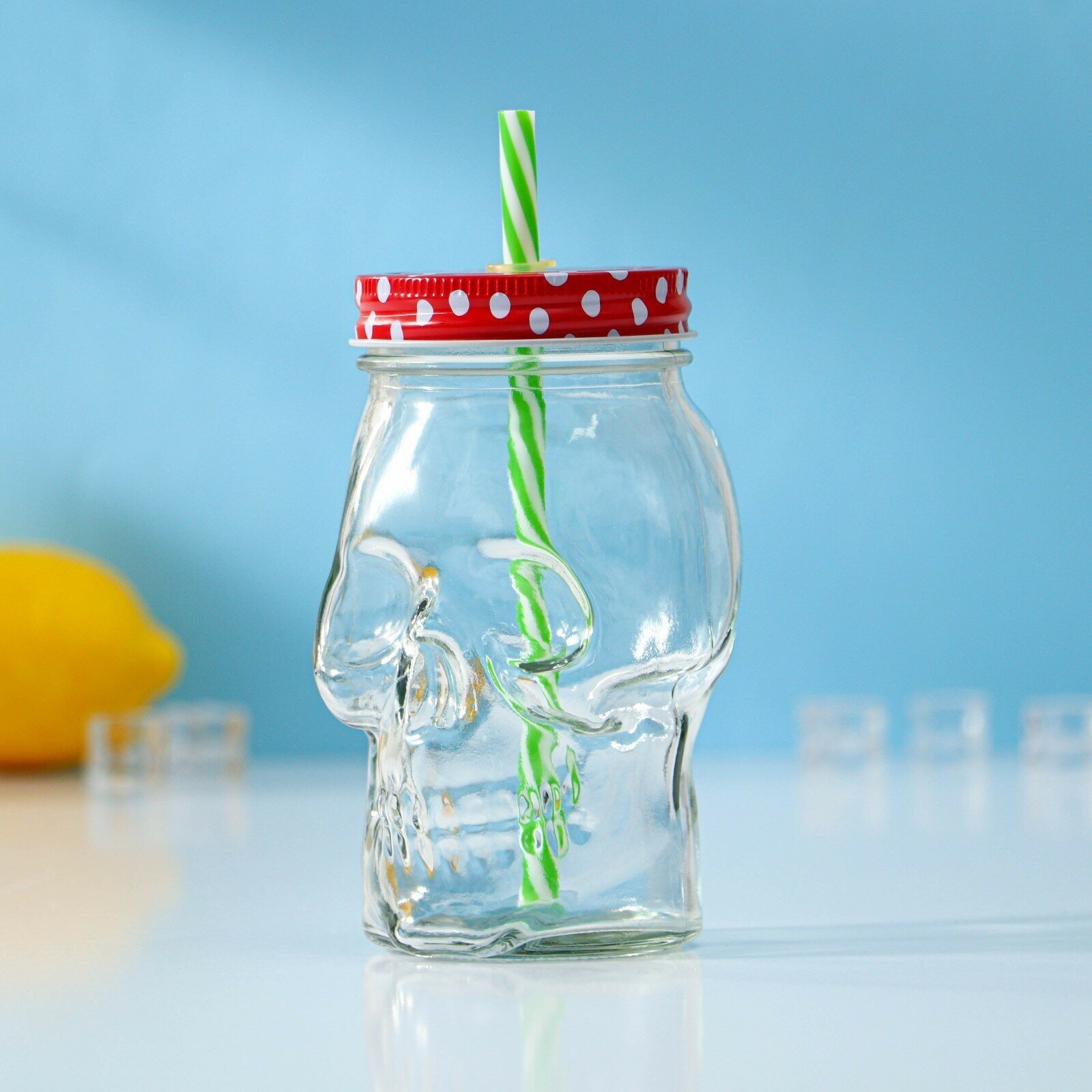 Банка Доляна «Череп», 400 мл, 9×14.5 см, стекло, с крышкой и трубочкой, микс