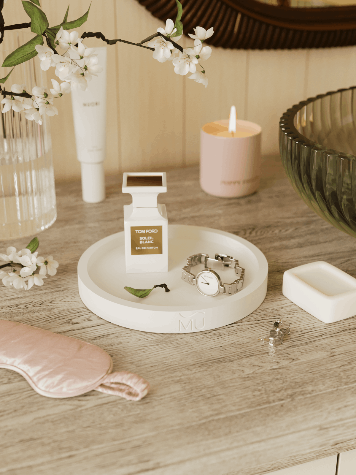 Декоративный поднос, подставка для украшений, мелочей и косметики Lora L, 20x20 см, бетон, белый глянцевый