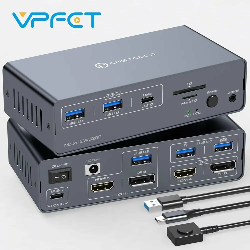 KVM-переключатель 2 монитора 2 ПК USB C Док-станция с HDMI 4K@60Hz DP 4K@120Hz USB 3.2 Устройство поддерживает зарядку до PD 100 Вт