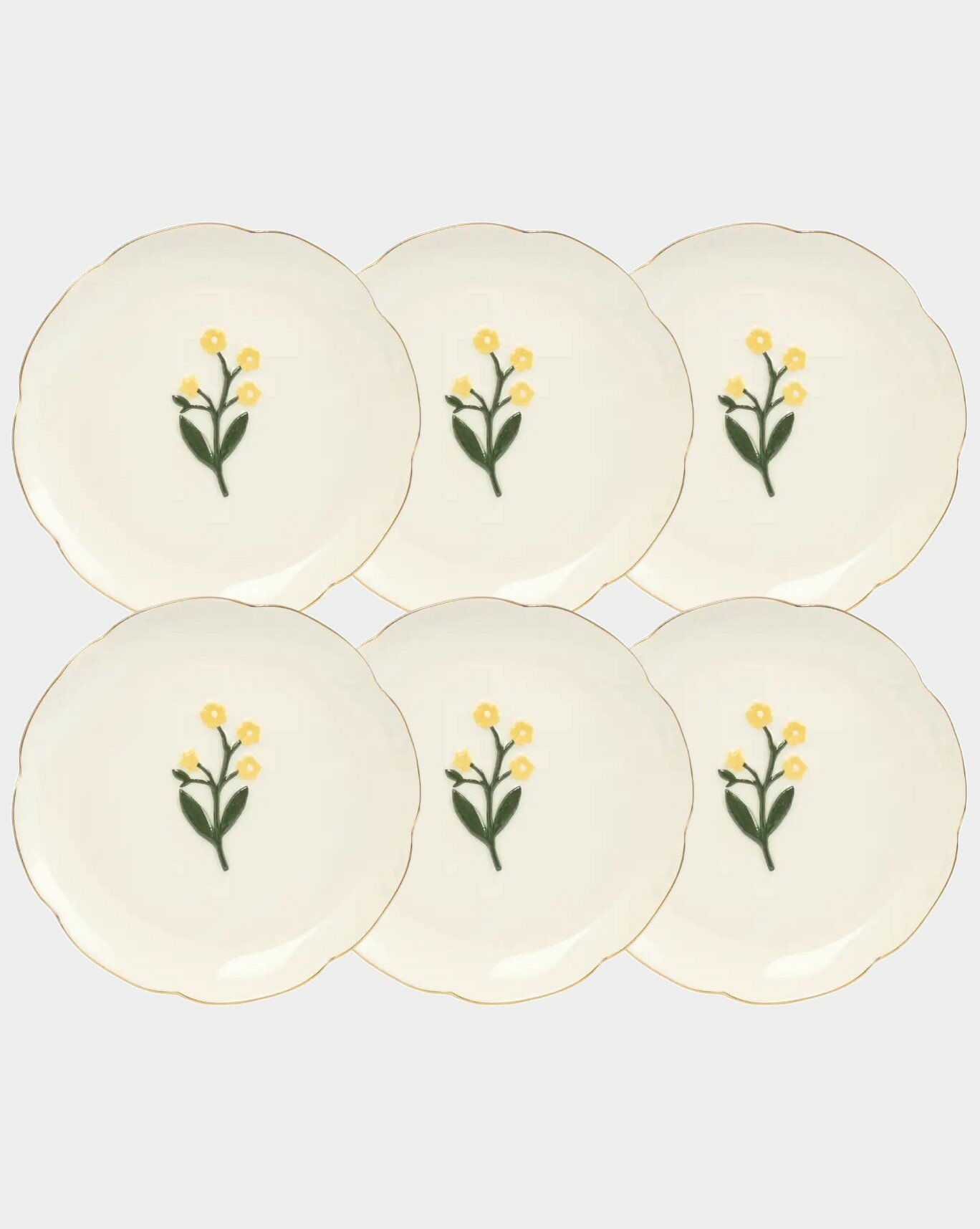 Набор 6 тарелок десертных, 17 см, керамика, молочная, с золотистым кантом, Желтые цветы, Gentle flower (Anna Lafarg)