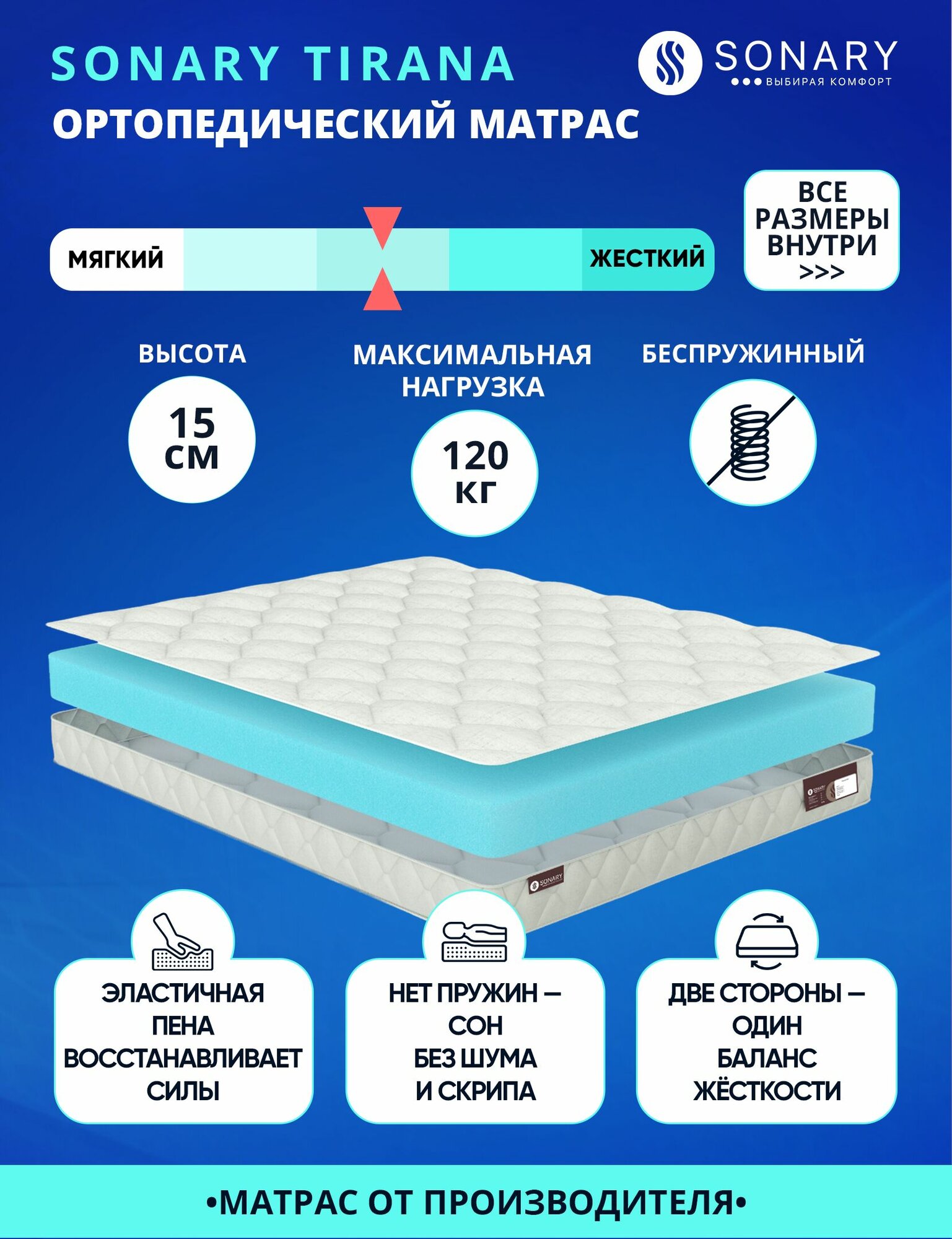Матрас Sonary Tirana 185х190 серии Foam высота 15 см анатомический средней жесткости Беспружинный