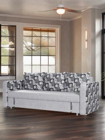 Диван-кровать "Каприз", Еврокнижка, светло-серая рогожка принт Квадраты