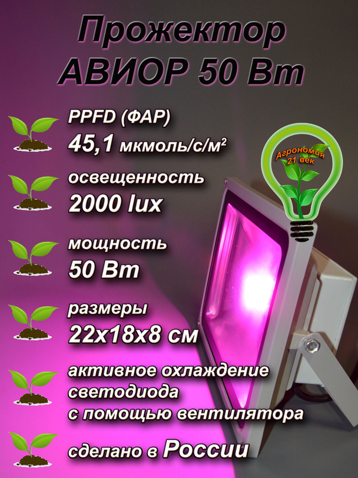 Авиор 50Вт Фитопрожектор для теплиц, домашних флорариумов, оранжерей с активным охлаждением фитодиода