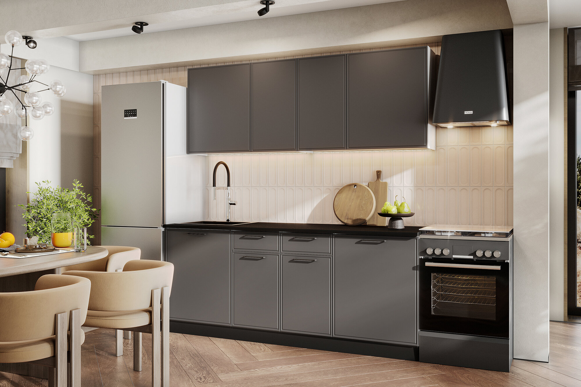 Кухонный гарнитур Нонтон Арнуво, 200 см, графит / черная столешница