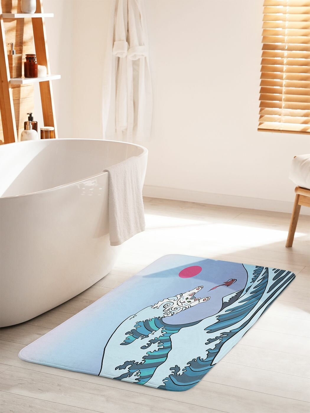 Коврик для ванной комнаты и туалета противоскользящий "Кот на волне" 60х100 см, JoyArty