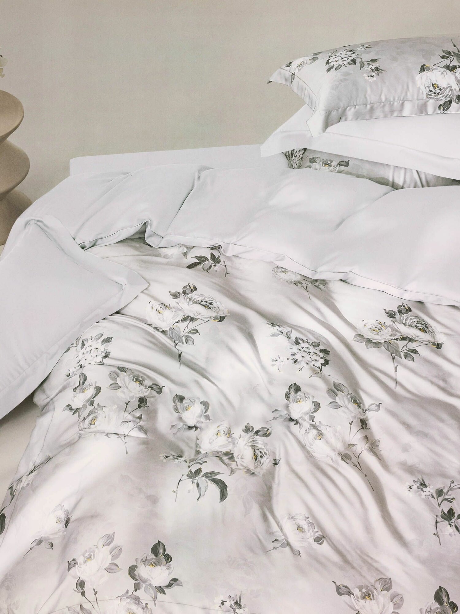 КПБ евро, тенсель 300 ТС, светло-серый, Цветы, Tencel, Kuchenland